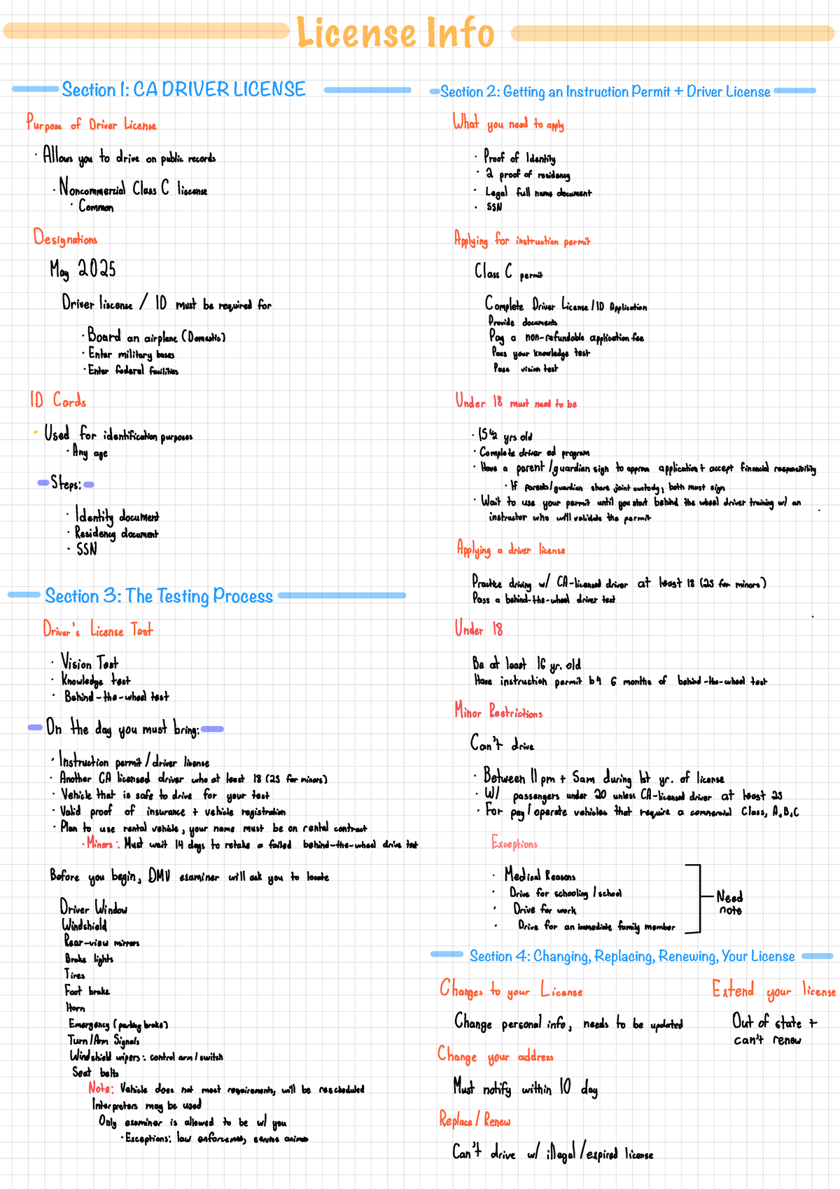 DMV Notes - License Info Section 1: CA DRIVER LICENSE Section 2 ...