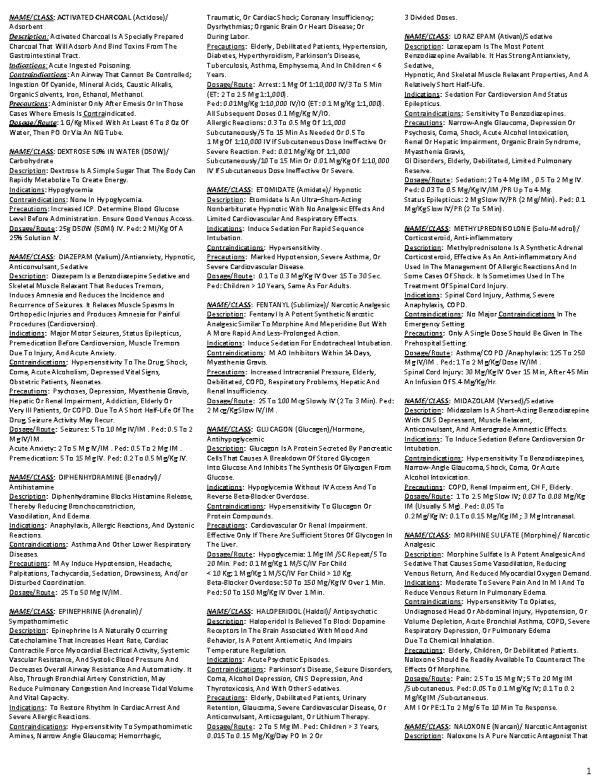 Paramedic Drugs Edited - Oklahoma Drugs - 1 NAME/CLASS : ACTIVATED ...