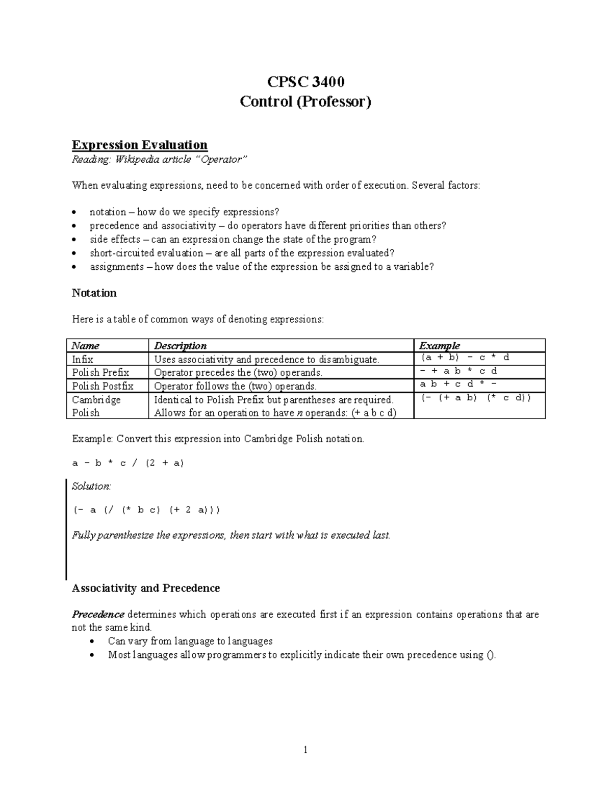 CPSC 3400 Control (with answers) - CPSC 3400 Control (Professor) Expression Evaluation Reading ...