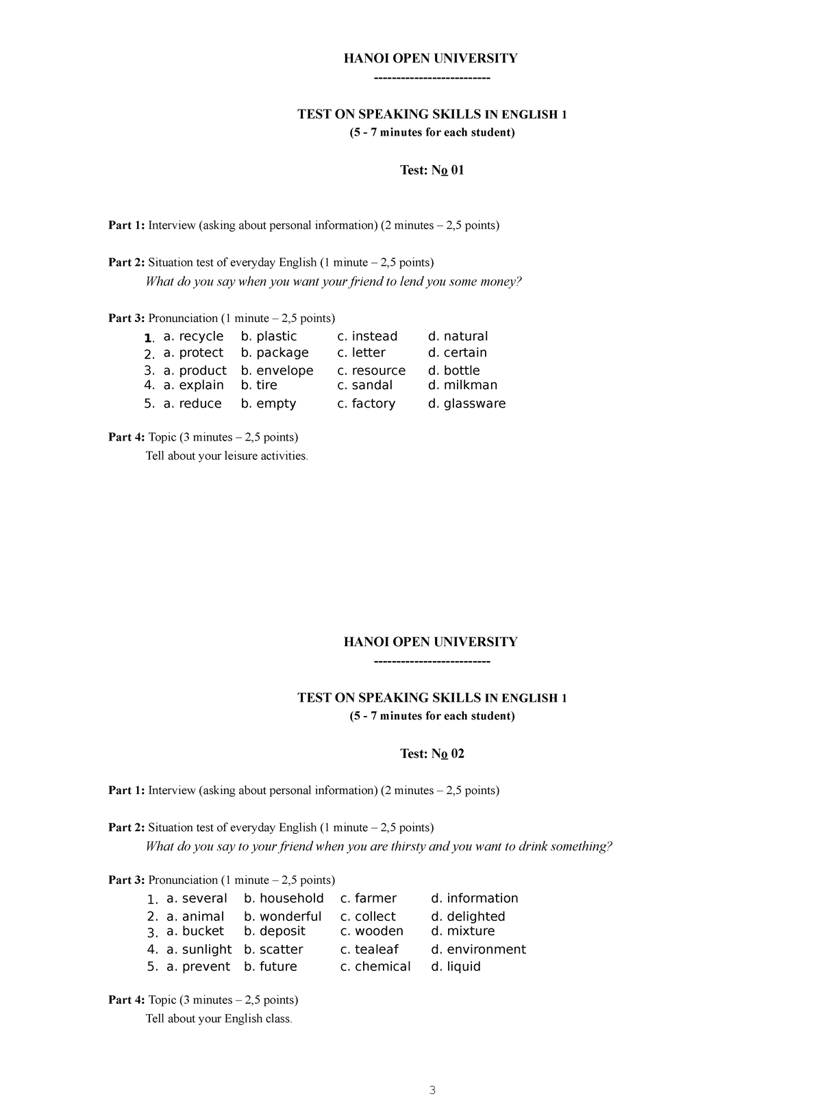 Speaking test - English 1 (2022) - TEST ON SPEAKING SKILLS IN ENGLISH 1 ...