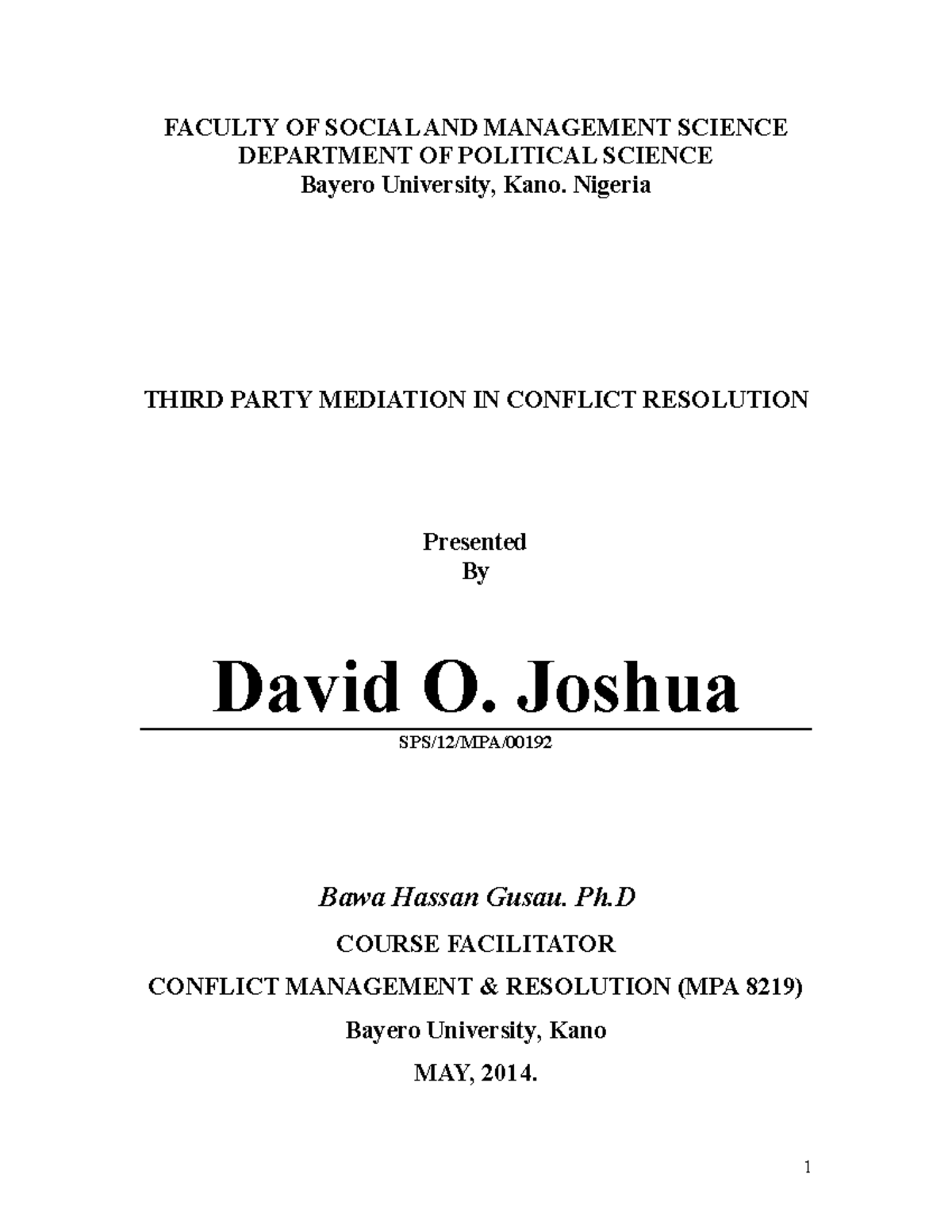 Third Party Mediation in Conflict Resolution - FACULTY OF SOCIAL AND ...