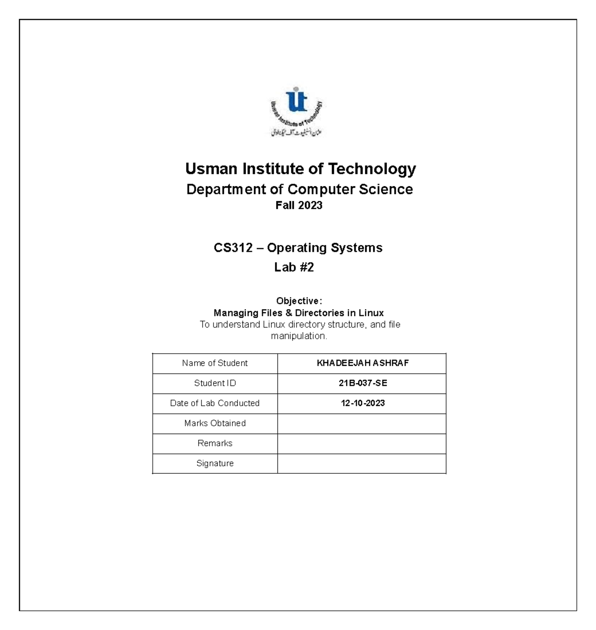 LAB 2 -CS312 -OPERATING SYSTEMS - Usman Institute of Technology Department of Computer Science ...
