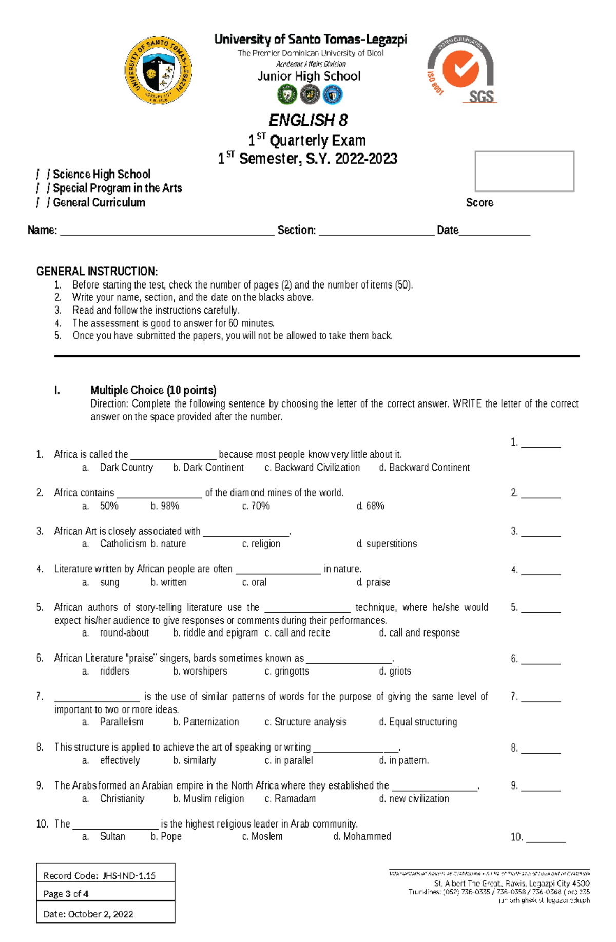 First Quarterly Exam English 8 - Record Code: JHS-IND-1. Page 3 of 4 ...