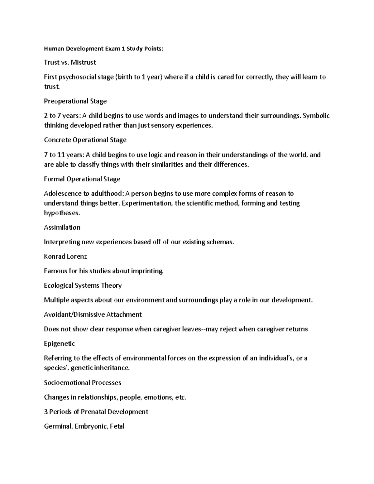 Human Development Exam 1 Study Points - Human Development Exam 1 Study Points: Trust vs ...