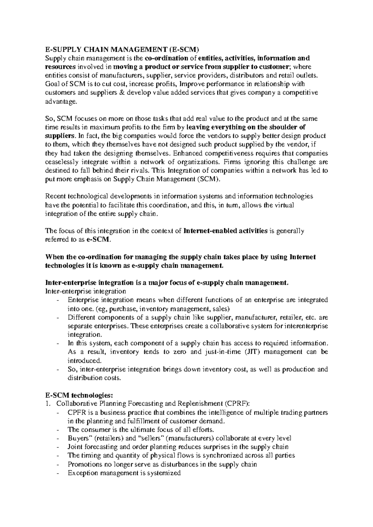 E-SCM - E-SUPPLY CHAIN MANAGEMENT (E-SCM) Supply chain management is ...