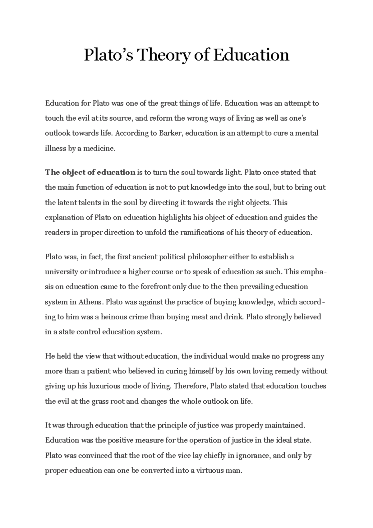 Plato’s Theory of Education - Plato’s Theory of Education Education for ...