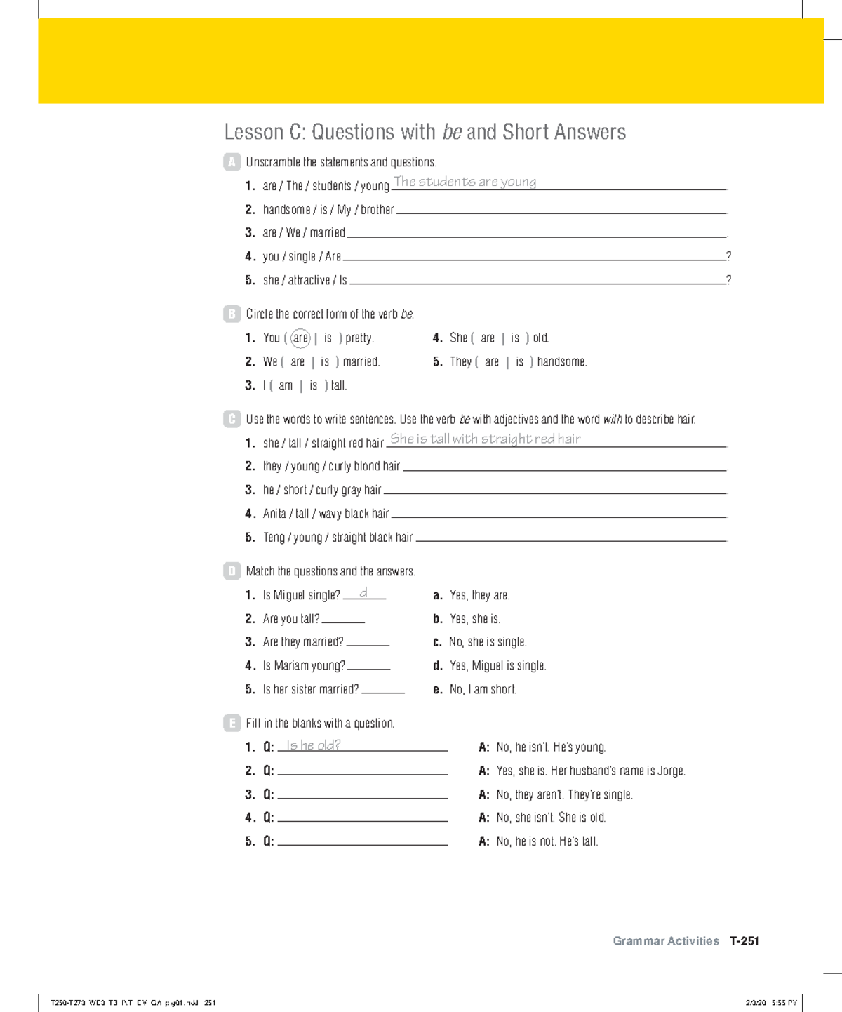 World english 3e level intro grammar activities unit 1 lesson c - Grammar Activities T- Lesson C ...