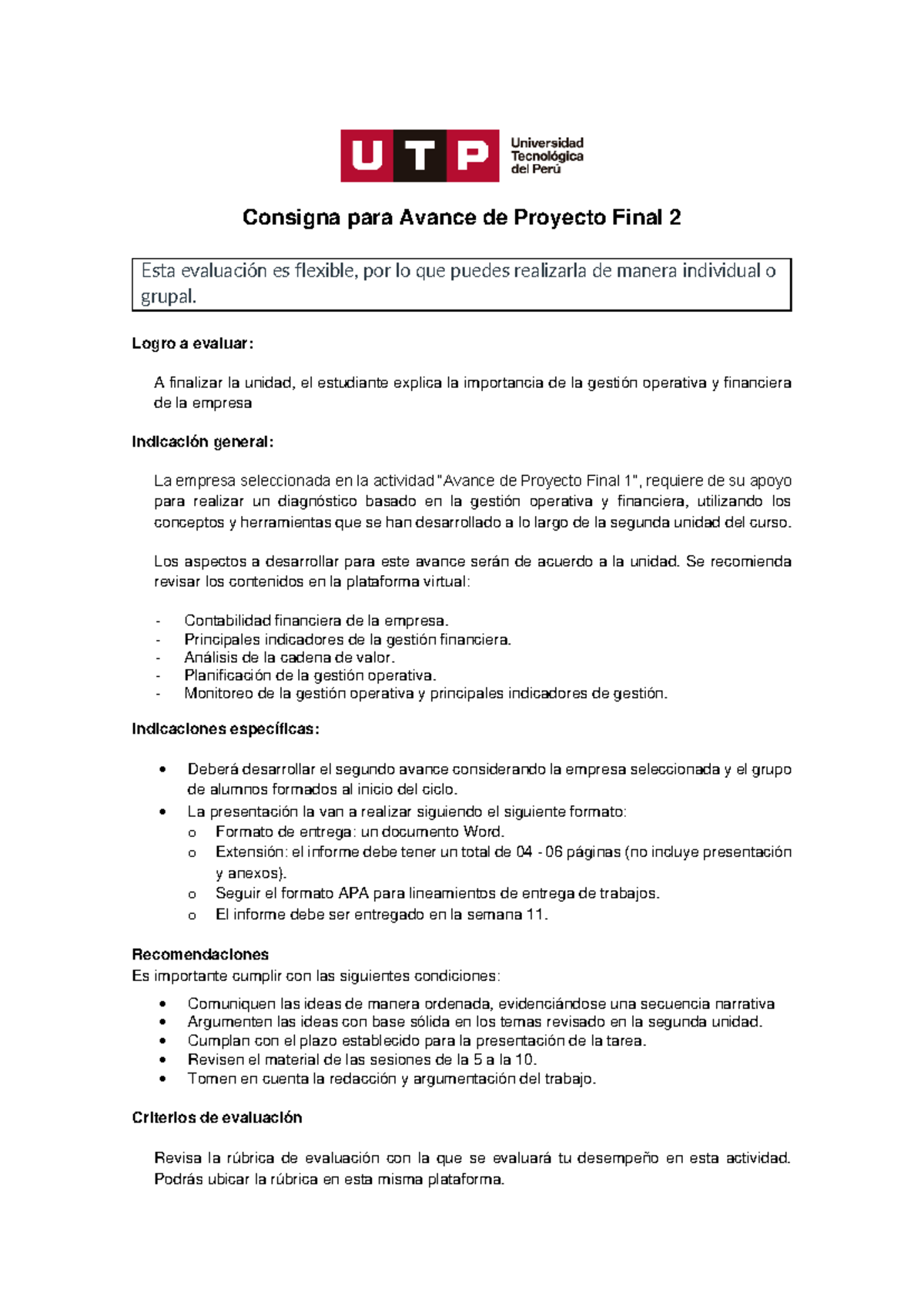 Consigna Avance - Consigna para Avance de Proyecto Final 2 Esta evaluación es flexible, por lo ...