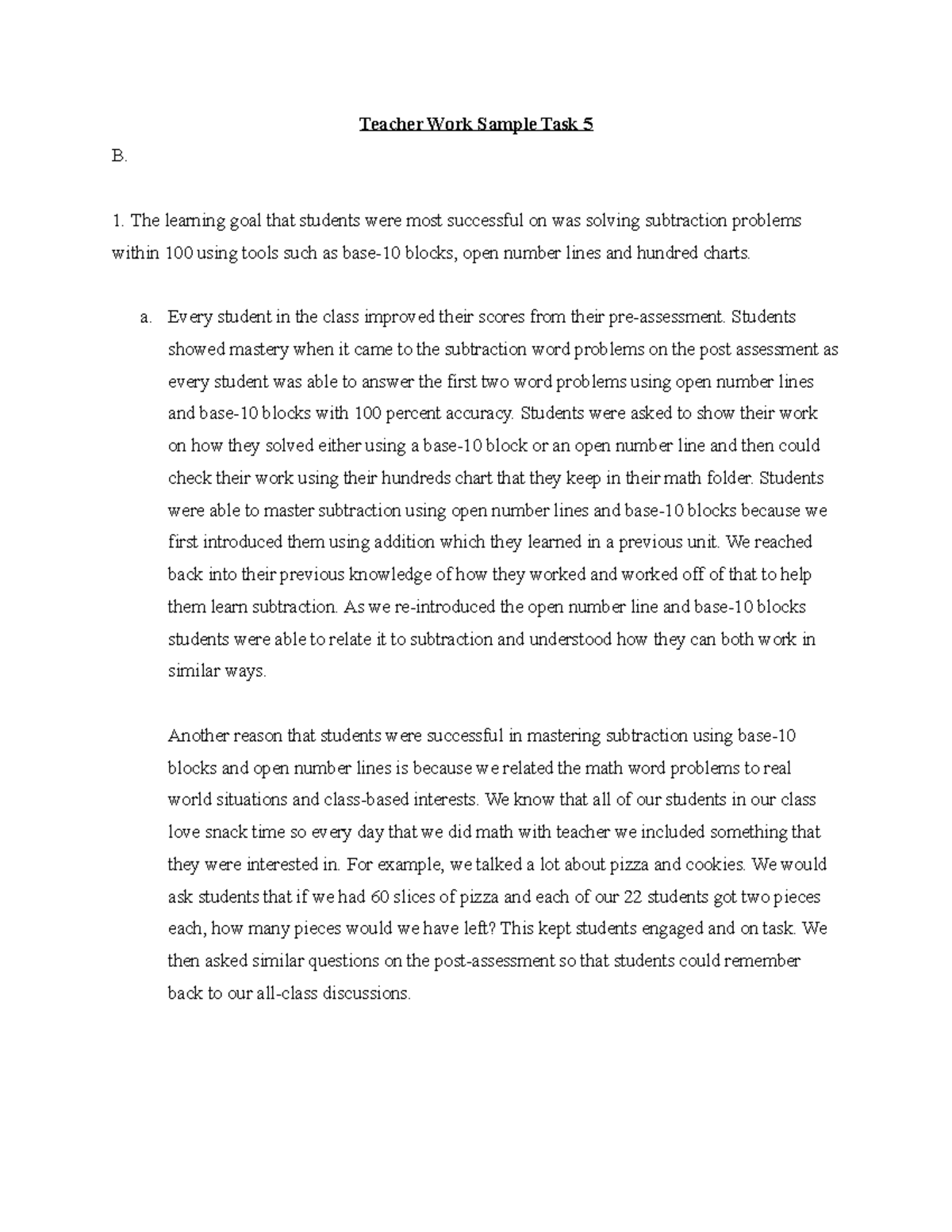 Teacher Work Sample Task 5 - The learning goal that students were most ...