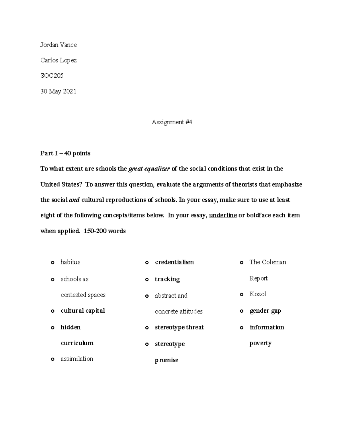 SOC205 Assignment #4 Jordan Vance 31 05 2021 - Jordan Vance Carlos ...