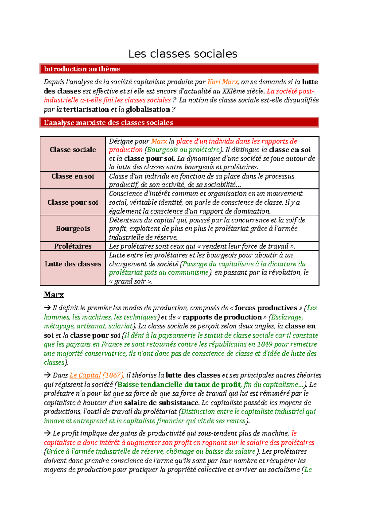 Les classes sociales - Notes de cours 1 - Les classes sociales ...