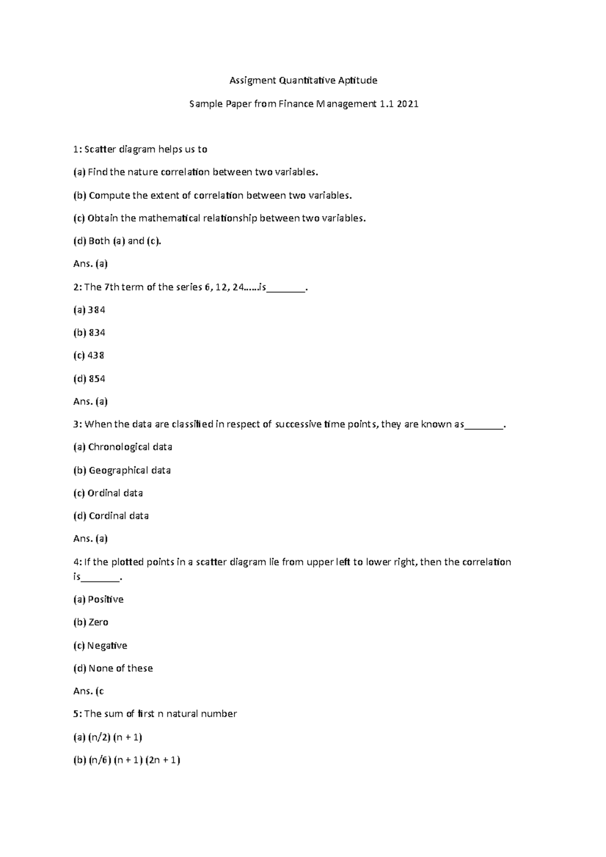 Assigment Quantitative Aptitude Sample Paper from Finance Management 1. ...