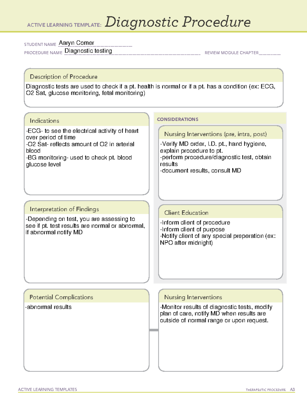Diagnostic Procedure Diagnostic Tests ACTIVE LEARNING TEMPLATES