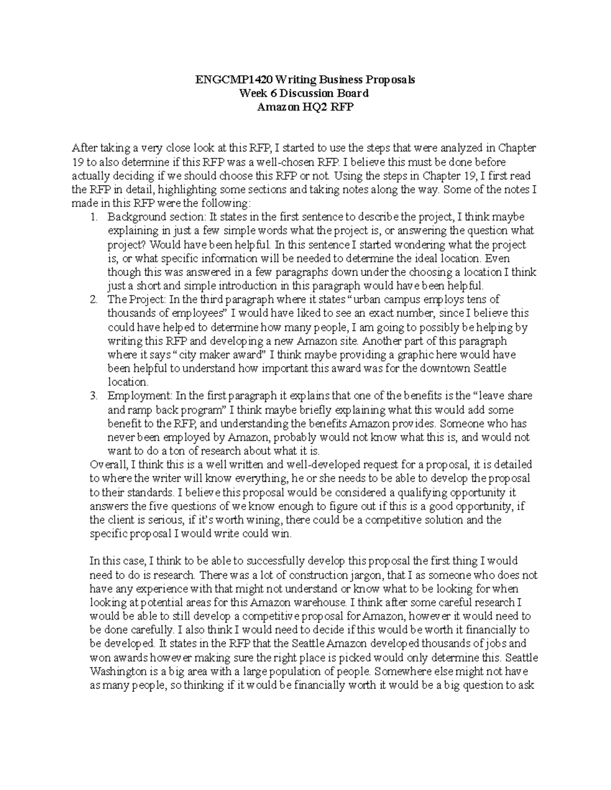 AMAZON HQ2 RFP Assignment - ENGCMP1420 Writing Business Proposals Week ...