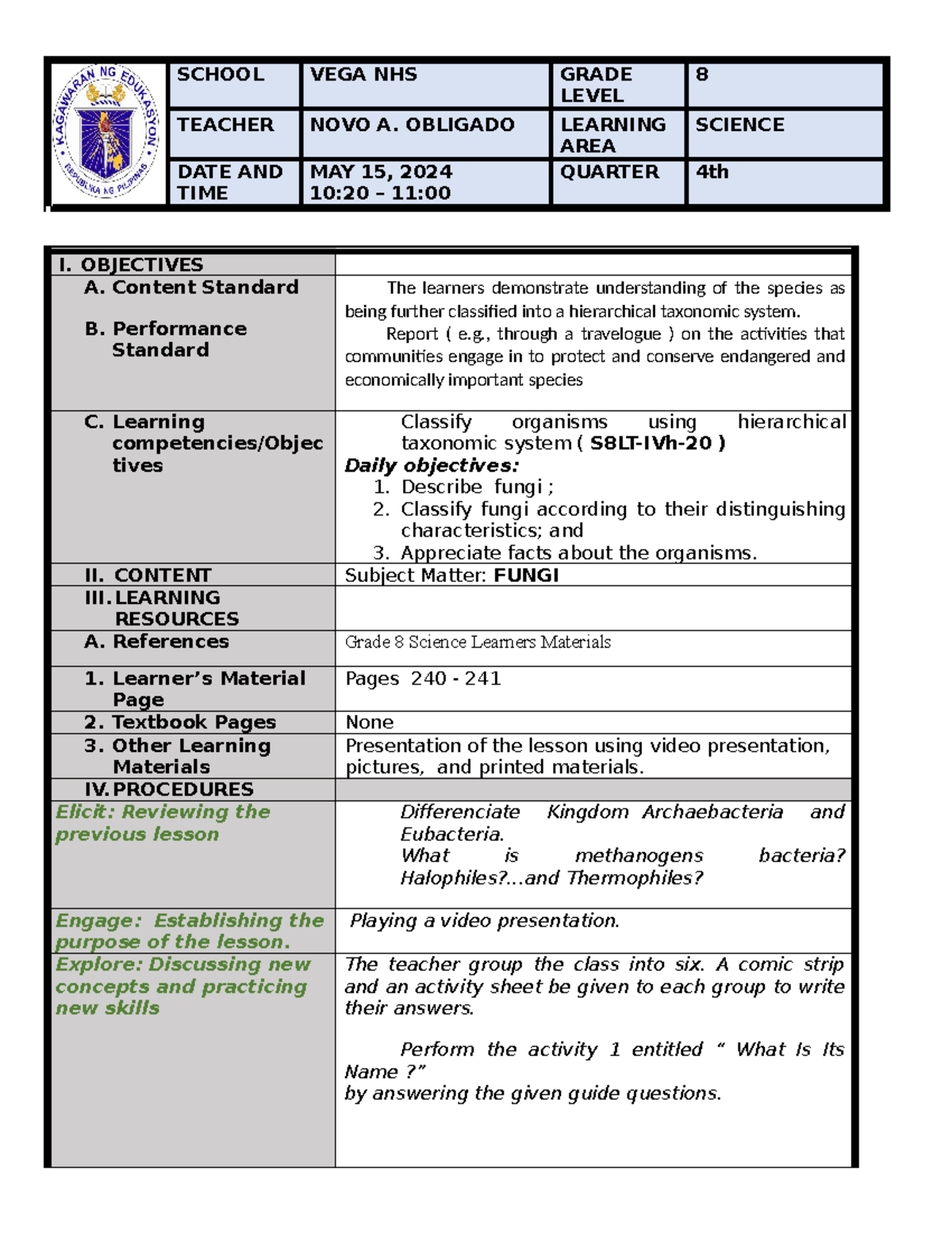 Classroom Observation Dll - SCHOOL VEGA NHS GRADE LEVEL 8 TEACHER NOVO ...