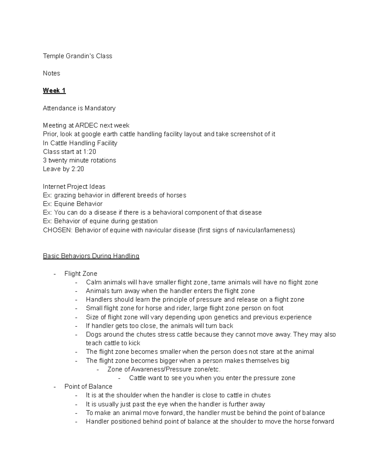 Temple Grandin’s Class - Temple Grandin’s Class Notes Week 1 Attendance ...