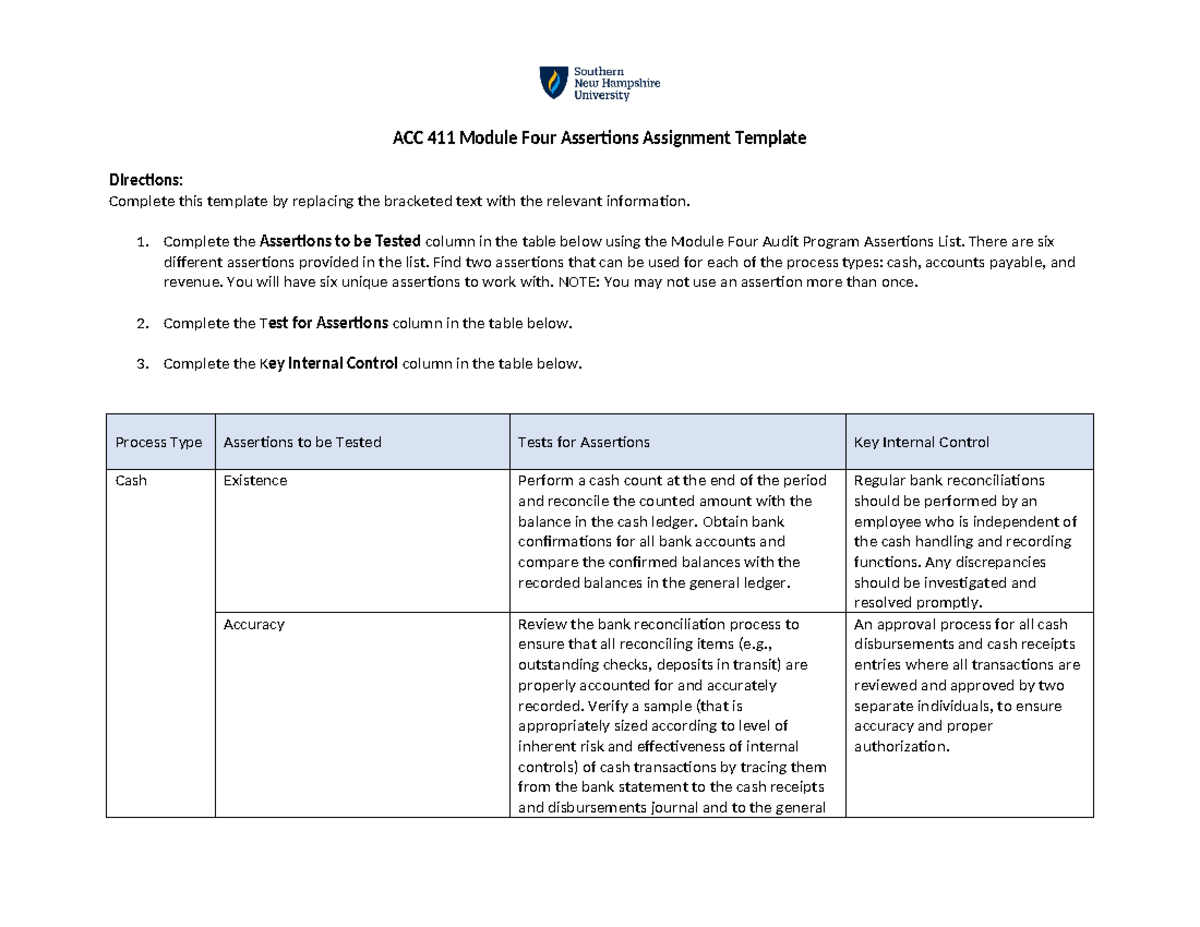ACC 411 Module Four Assertions Assignment - 1. Complete the Assertions ...