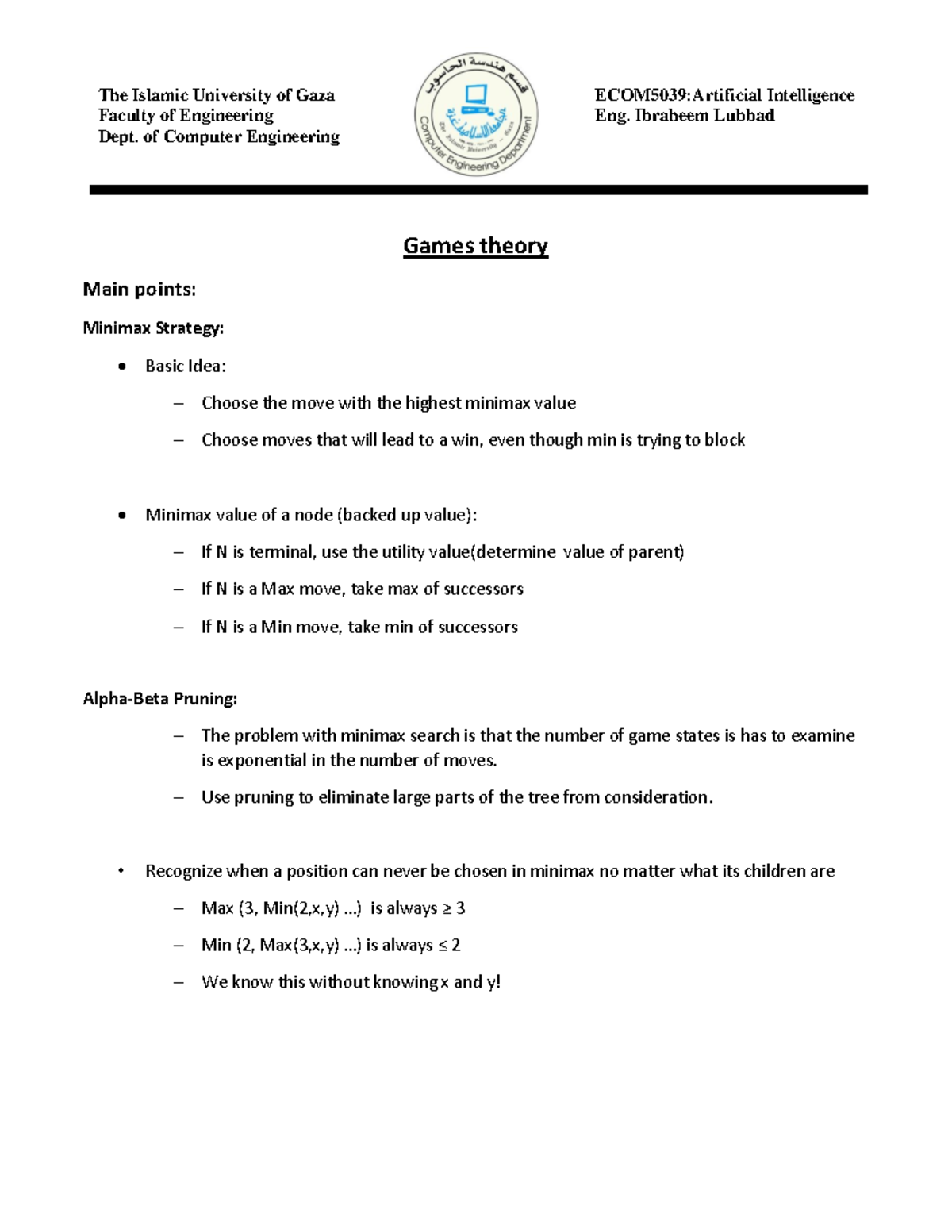 Games-theory-Discussion - Games theory Main points: Minimax Strategy ...