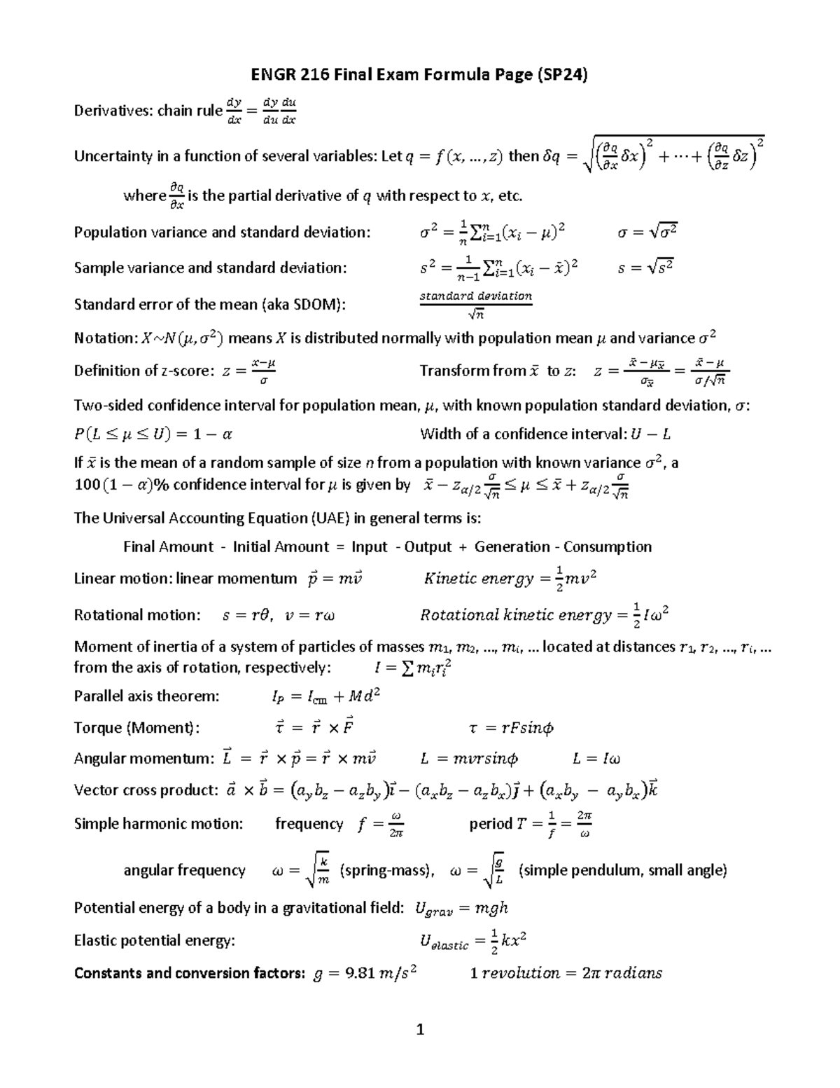 ENGR 216 Formula Page and Z-Tables SP24 - ENGR 216 Final Exam Formula Page (SP24) Derivatives ...