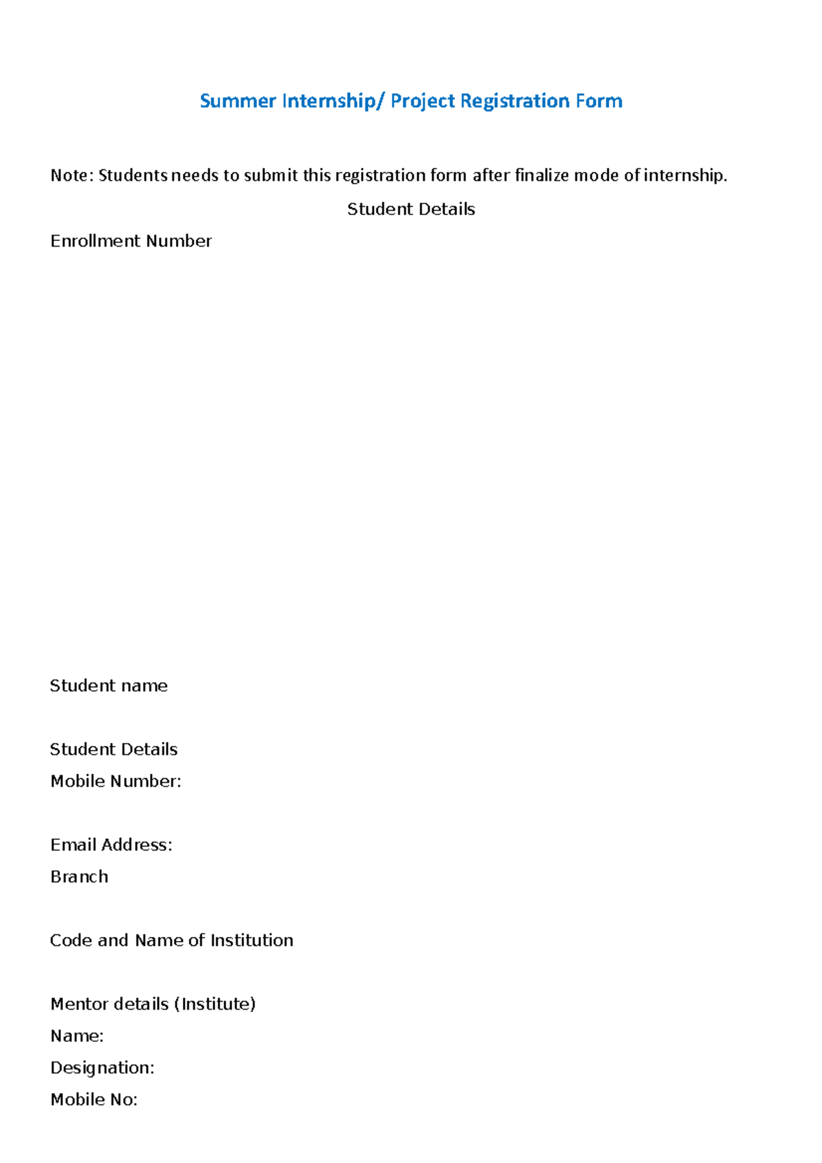 Internship Registrtion Form - Summer Internship/ Project Registration ...