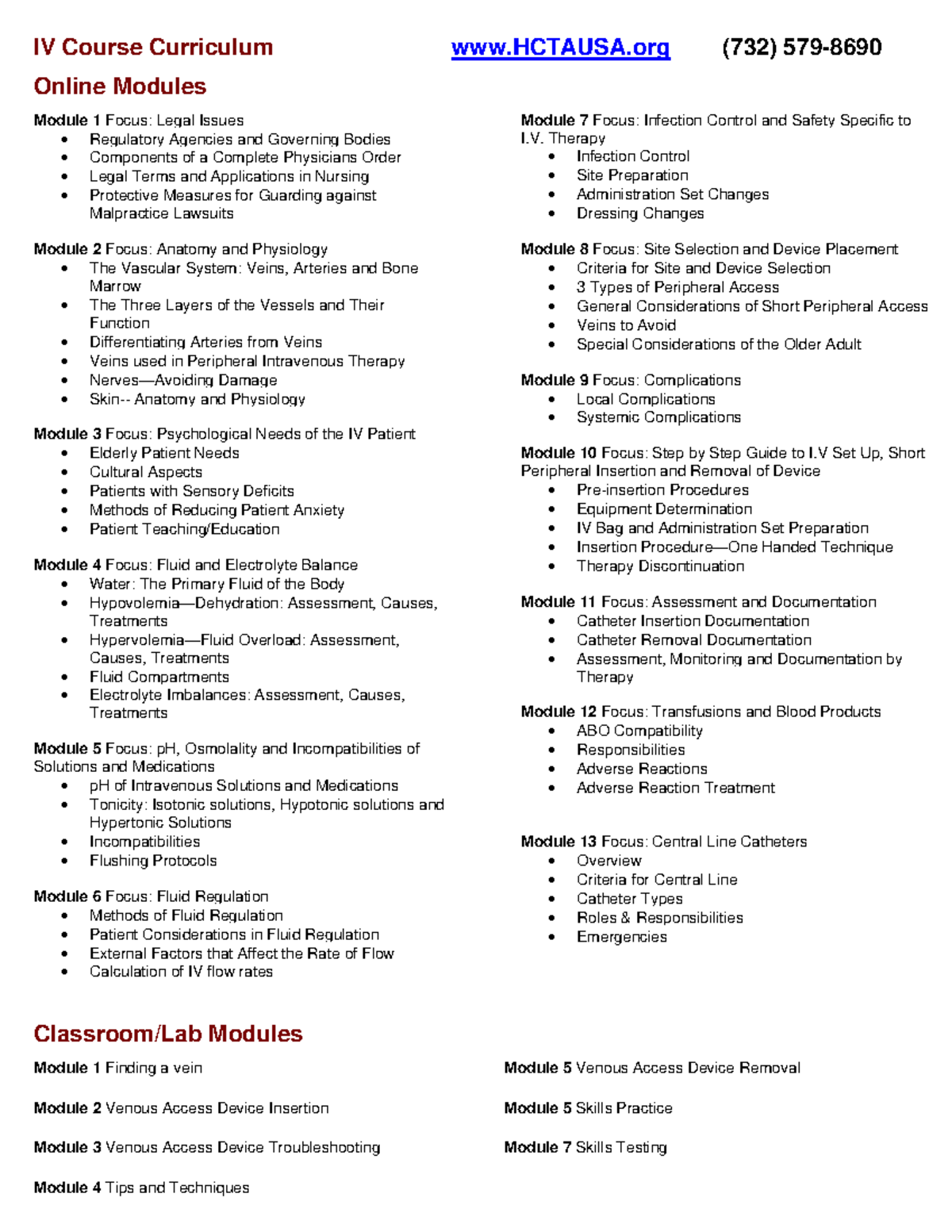 IV Cert Curriculum - New - IV Course Curriculum HCTAUSA (732) 579 ...