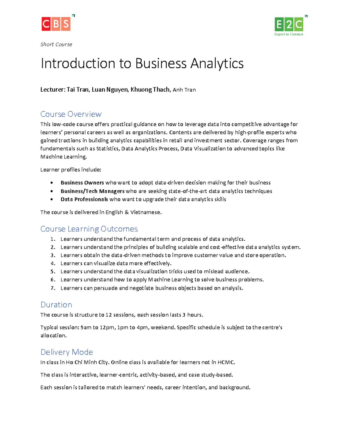 Business Analytics Course Outline 2022 - Short Course Introduction to ...