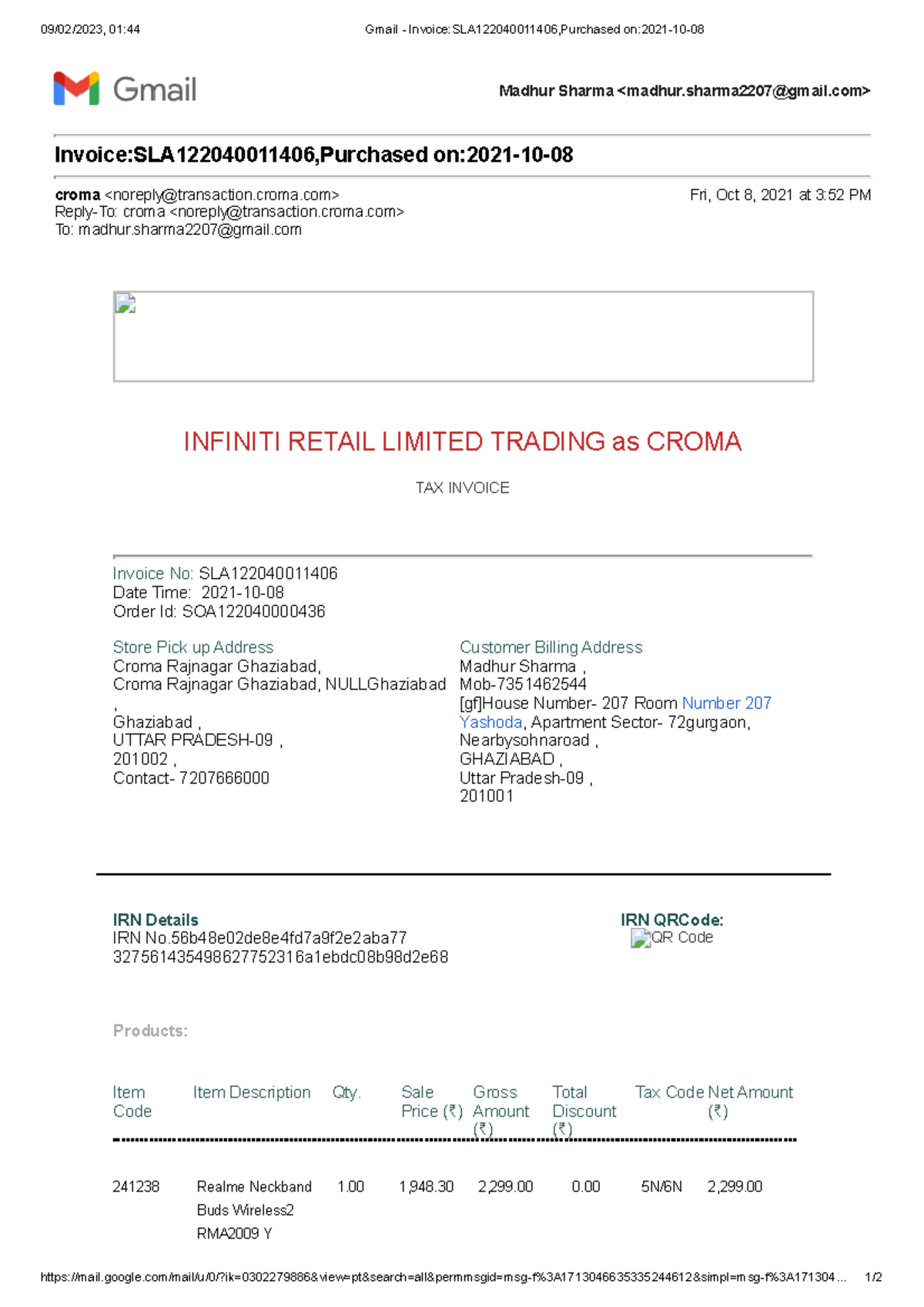 Gmail - Invoice SLA122040011406,Purchased on 2021-10-08 - - Studocu
