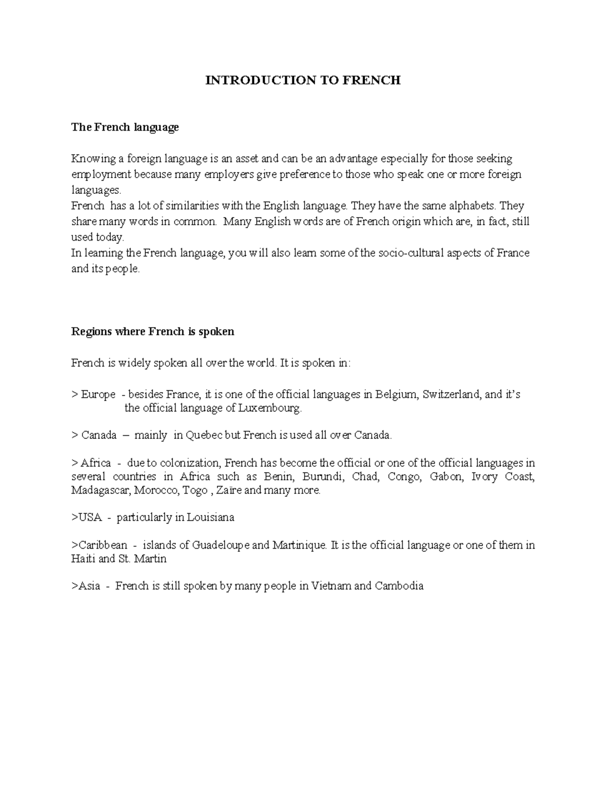 Introduction TO French - INTRODUCTION TO FRENCH The French language ...