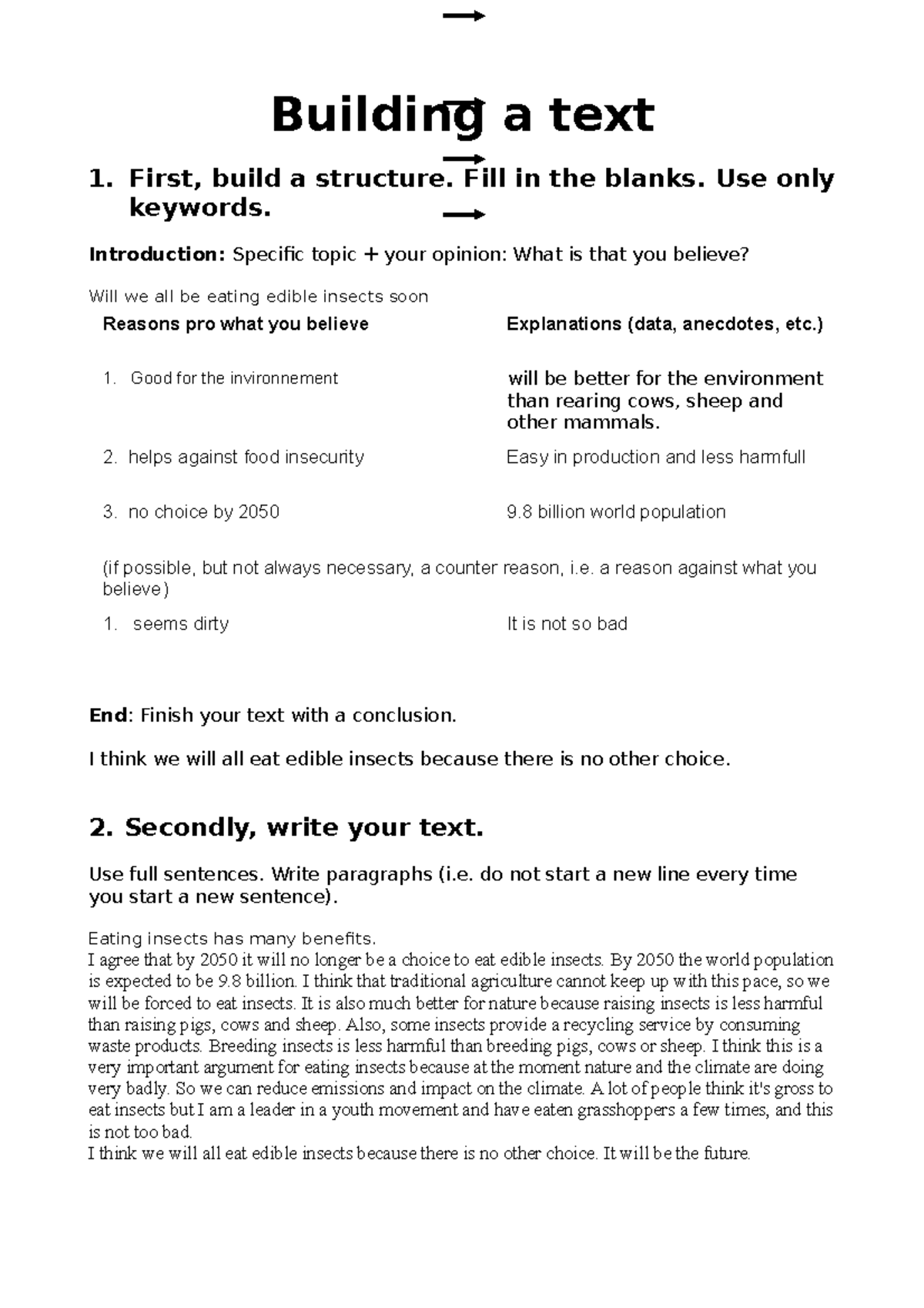 Building a text - First, build a structure. Fill in the blanks. Use ...