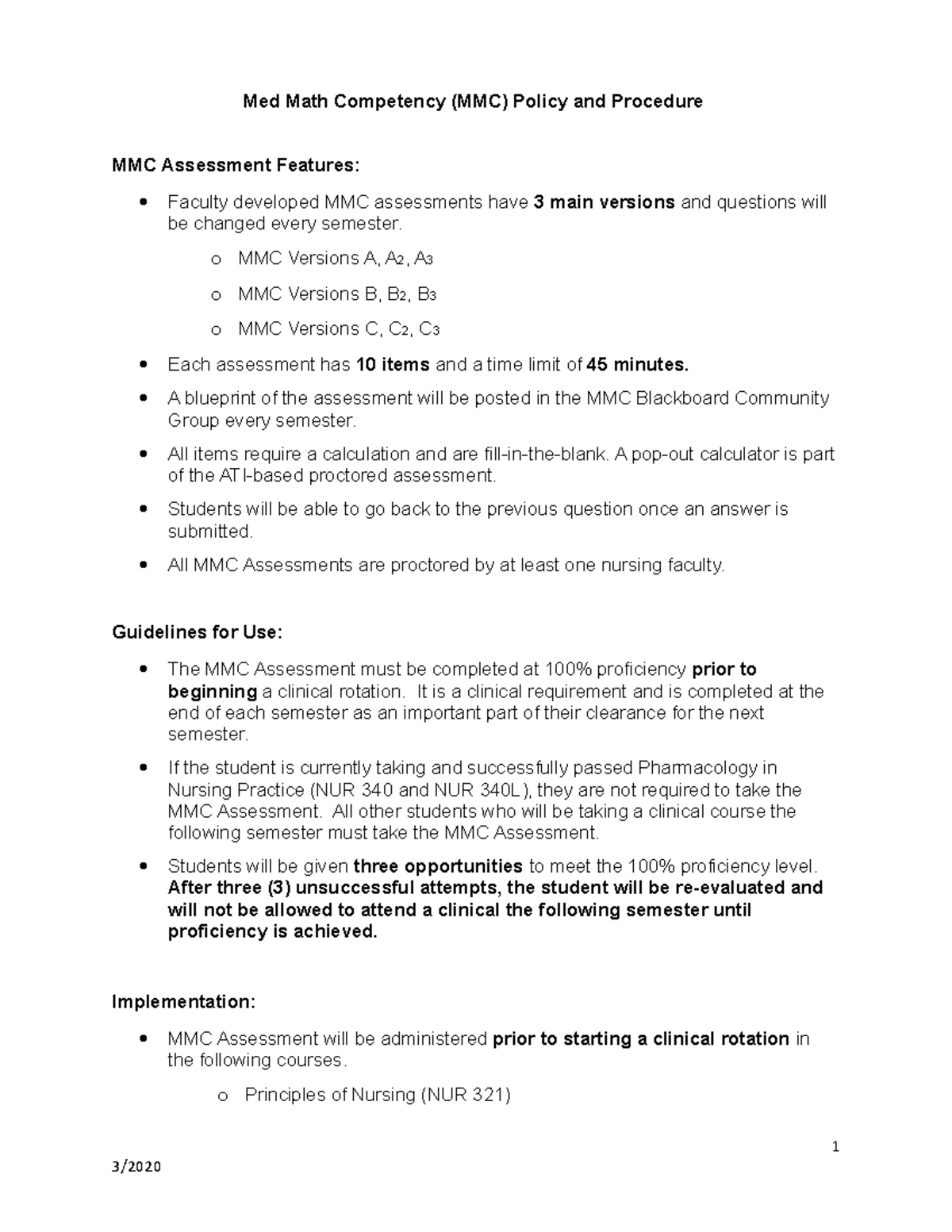 Med Math Competency (MMC) Policy and Procedure - o MMC Versions A, A 2 ...