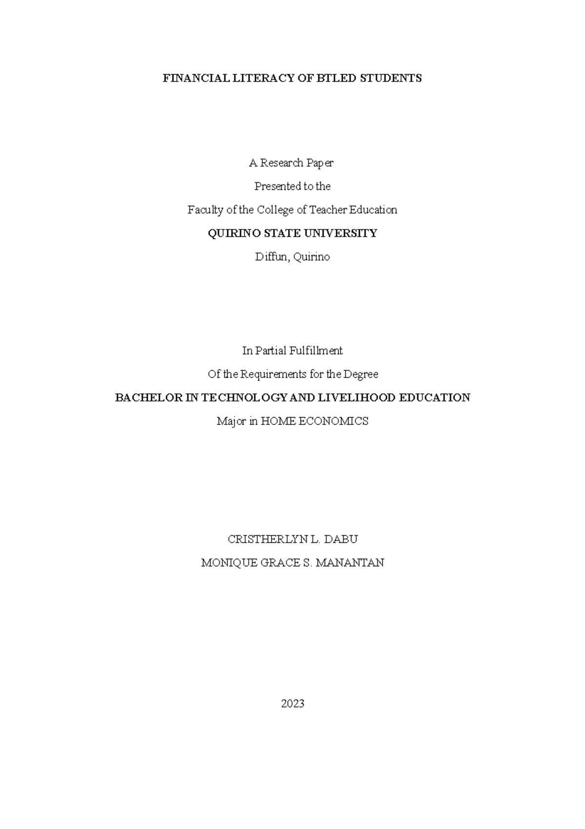 Chapter 12-3-2 - Education student - FINANCIAL LITERACY OF BTLED ...