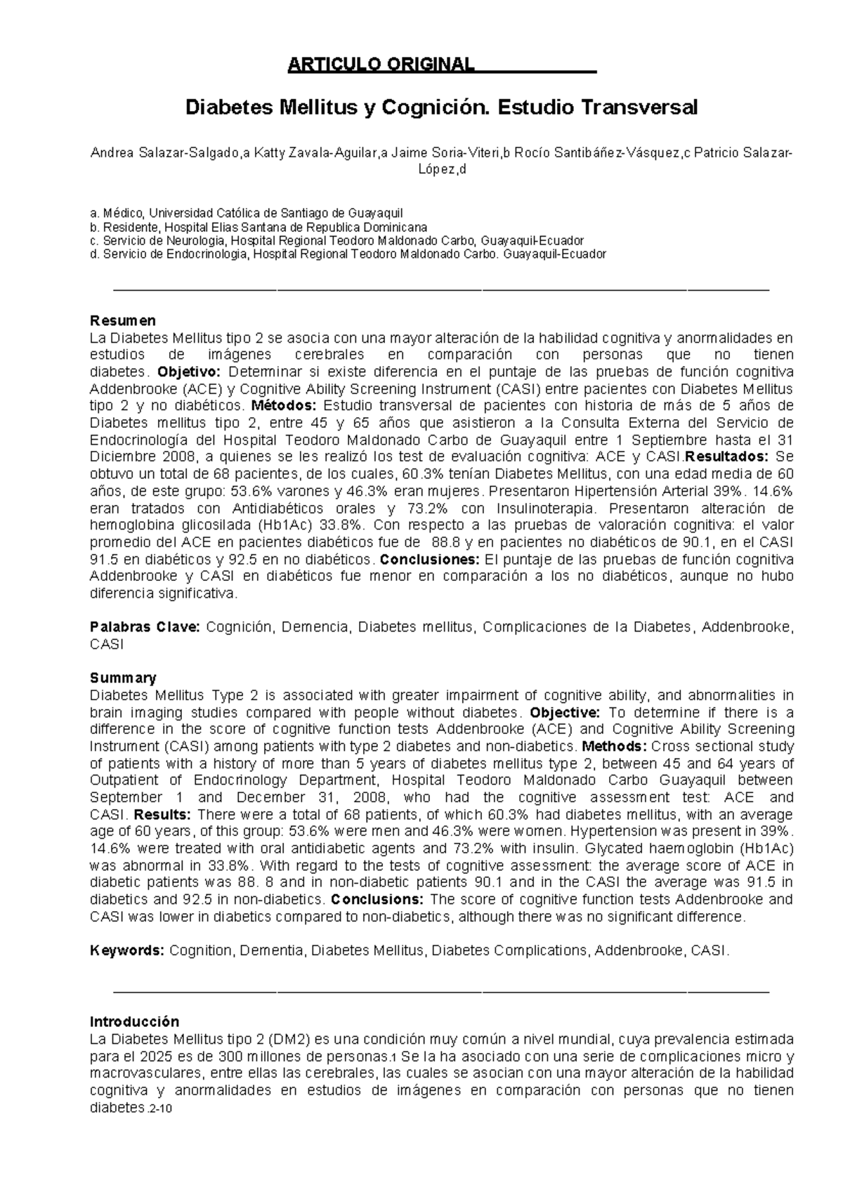 Diabetes Mellitus y Cognición - ARTICULO ORIGINAL Diabetes Mellitus y ...