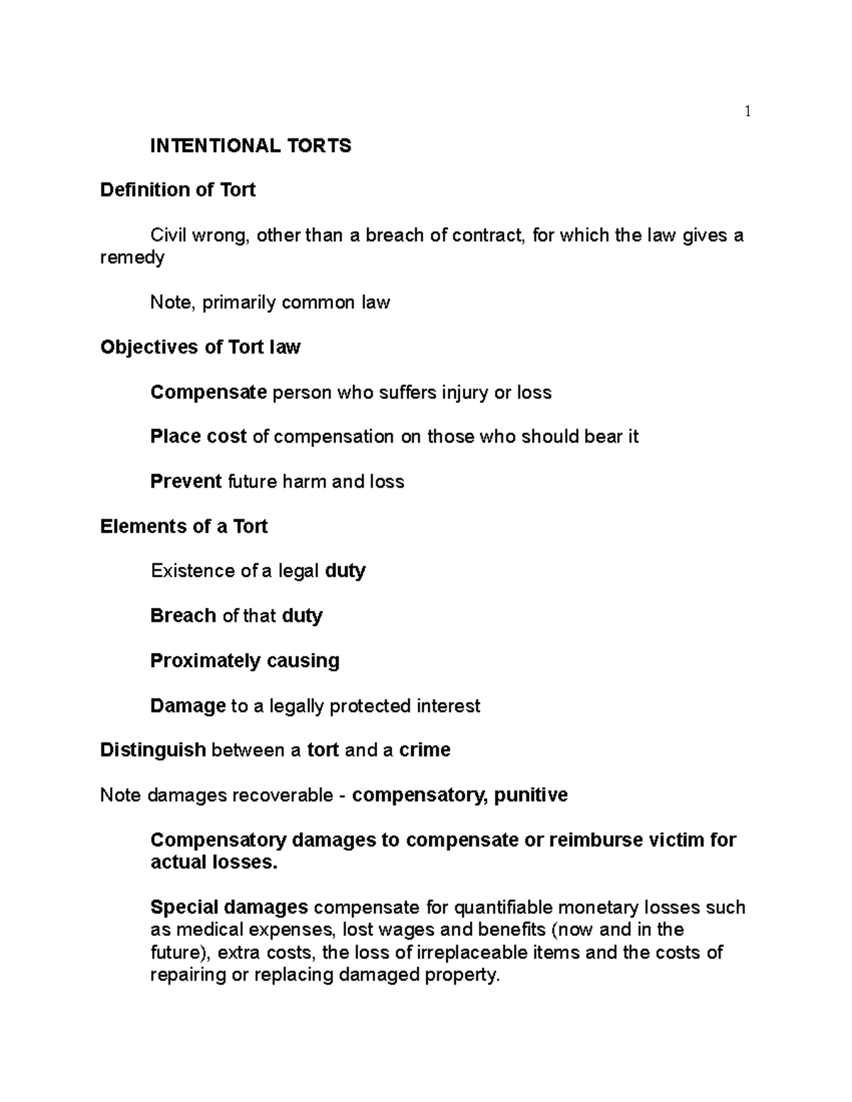 Intentional torts - Lecture notes 6 - INTENTIONAL TORTS Definition of ...
