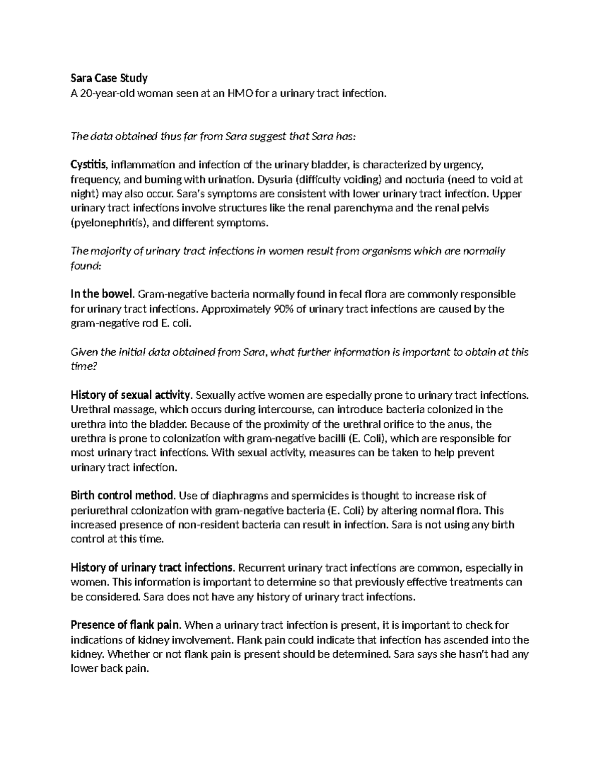 Sara Case Study - The data obtained thus far from Sara suggest that ...