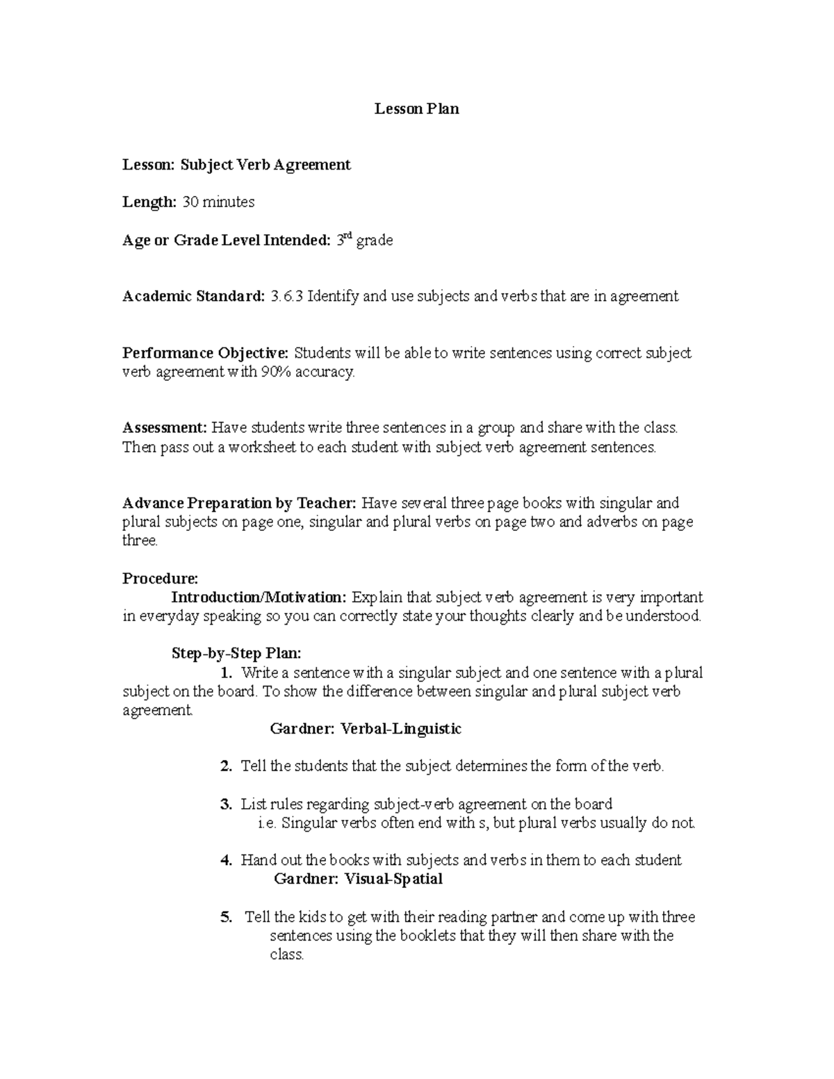 Lesson Plan subject verb - Lesson Plan Lesson: Subject Verb Agreement ...