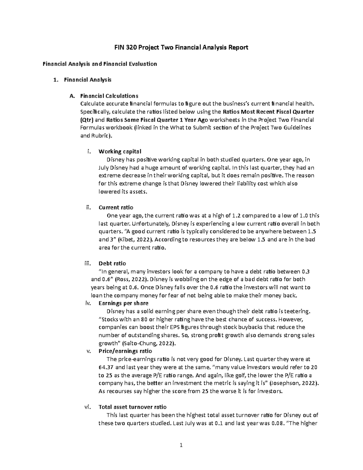 FIN 320 Project Two Financial Analysis Report - Financial Calculations ...