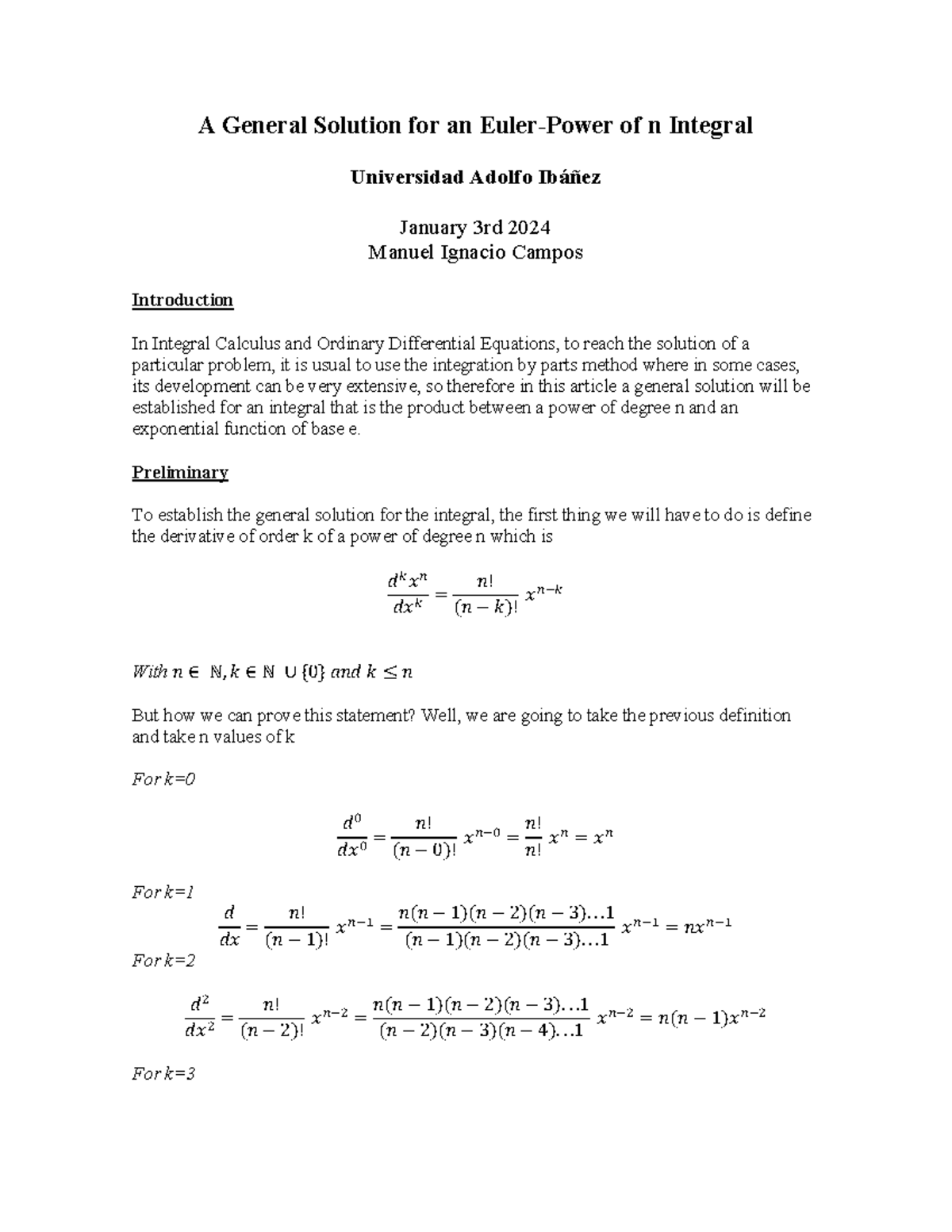 A General Solution for an Euler-Power of n Integral - A General ...