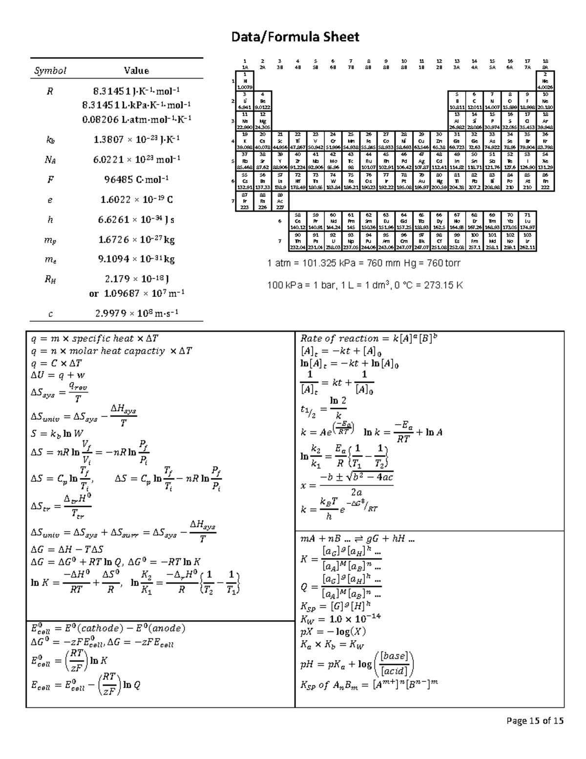 CHEM112 Winter Formula Sheet - Page 15 of 15 Data/Formula Sheet 1 2 3 4 ...