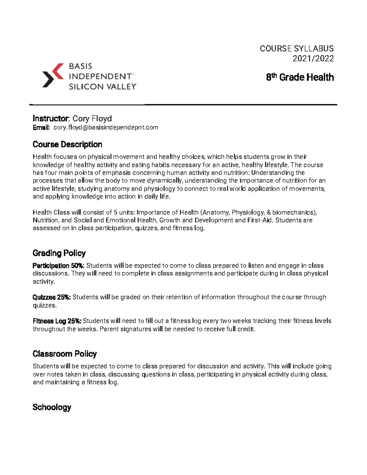 Health - 8th grade Health External Syllabus Mr - COURSE SYLLABUS 2021/ ...