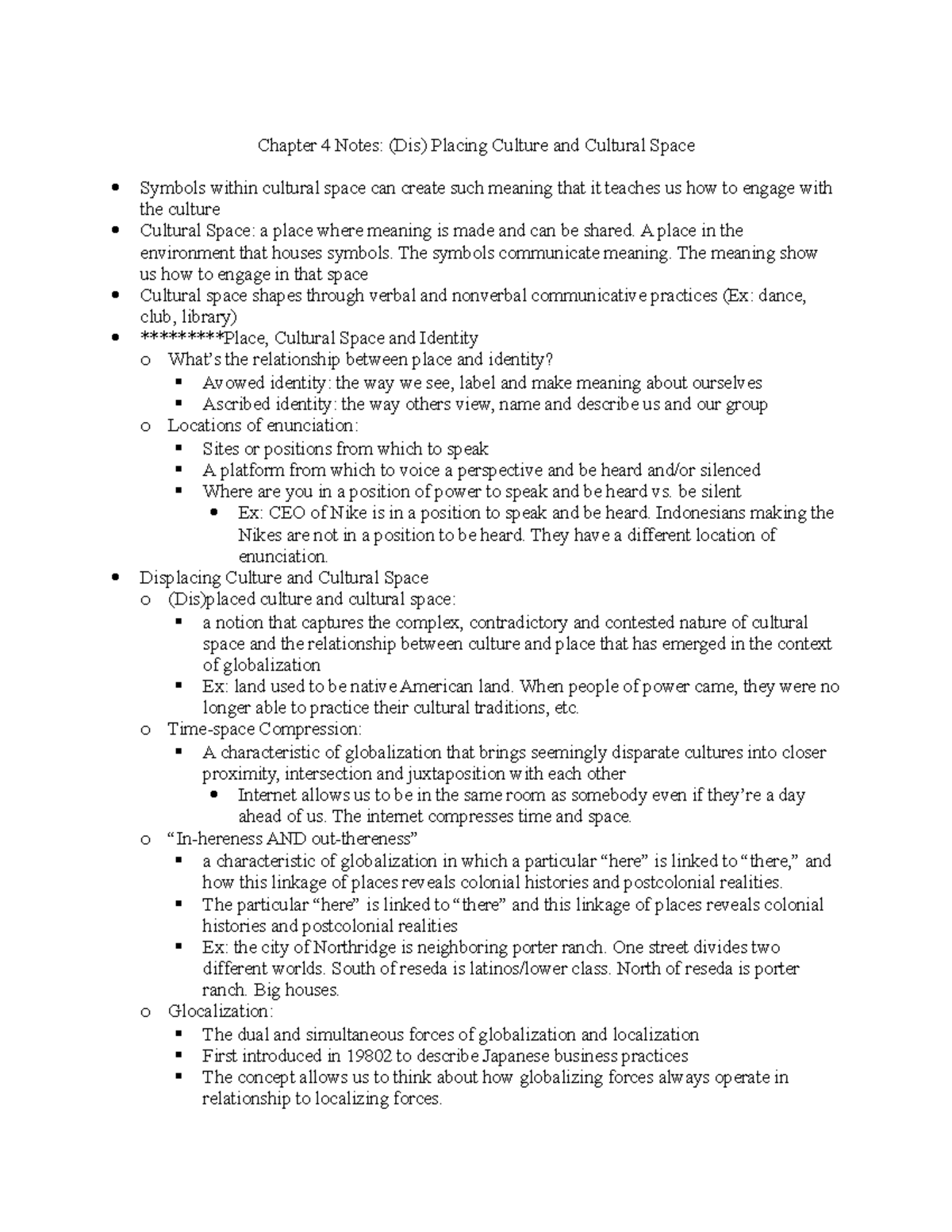 COMS 356 Chapter 4 Notes - Chapter 4 Notes: (Dis) Placing Culture and ...