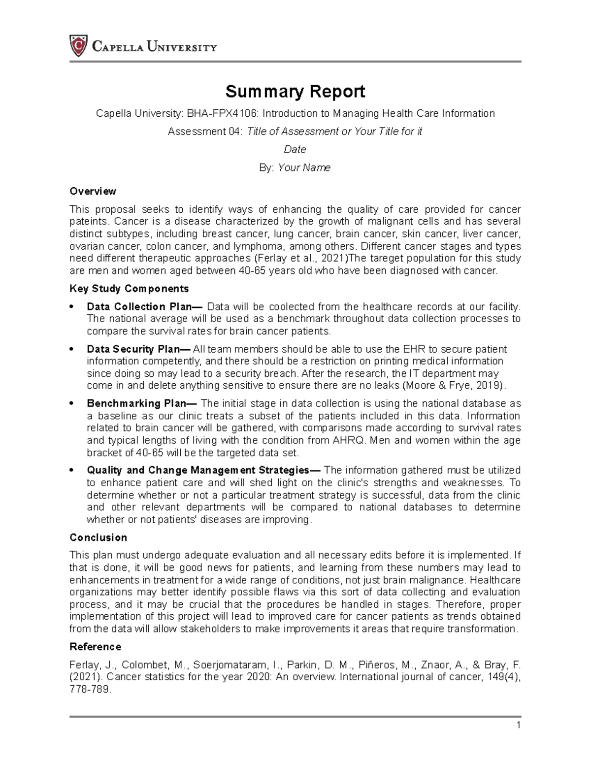 Assessment 4-Executive Summary - Summary Report Capella University: BHA ...