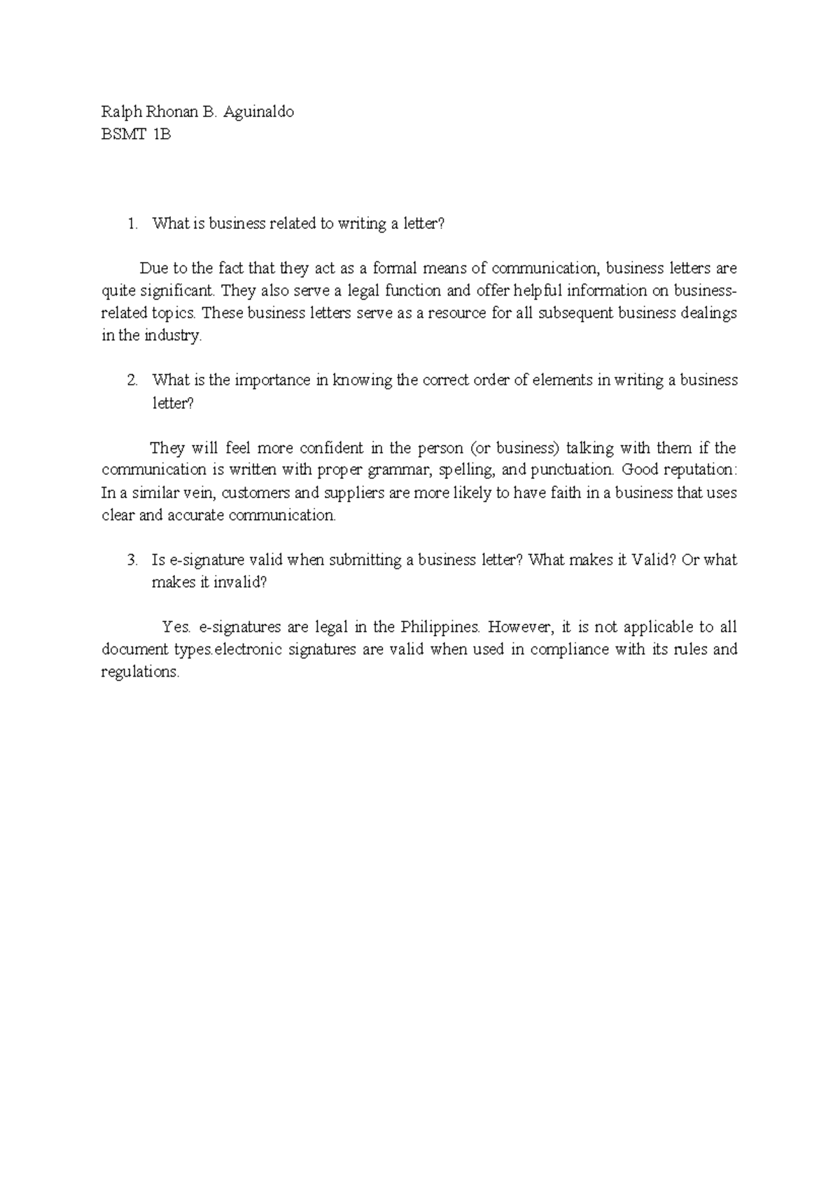 Business Letter Writing - Ralph Rhonan B. Aguinaldo BSMT 1B 1. What is ...
