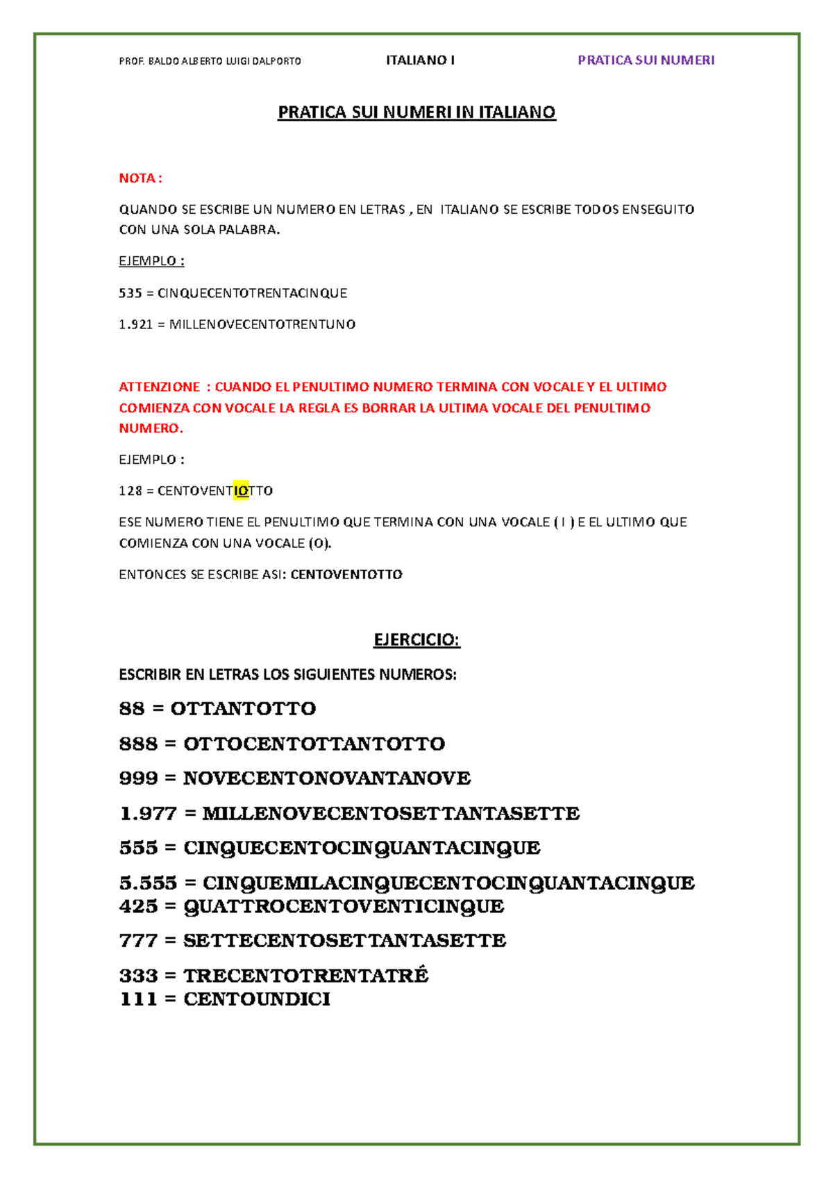 Pratica SUI Numeri IN Italiano - PROF. BALDO ALBERTO LUIGI DALPORTO ...