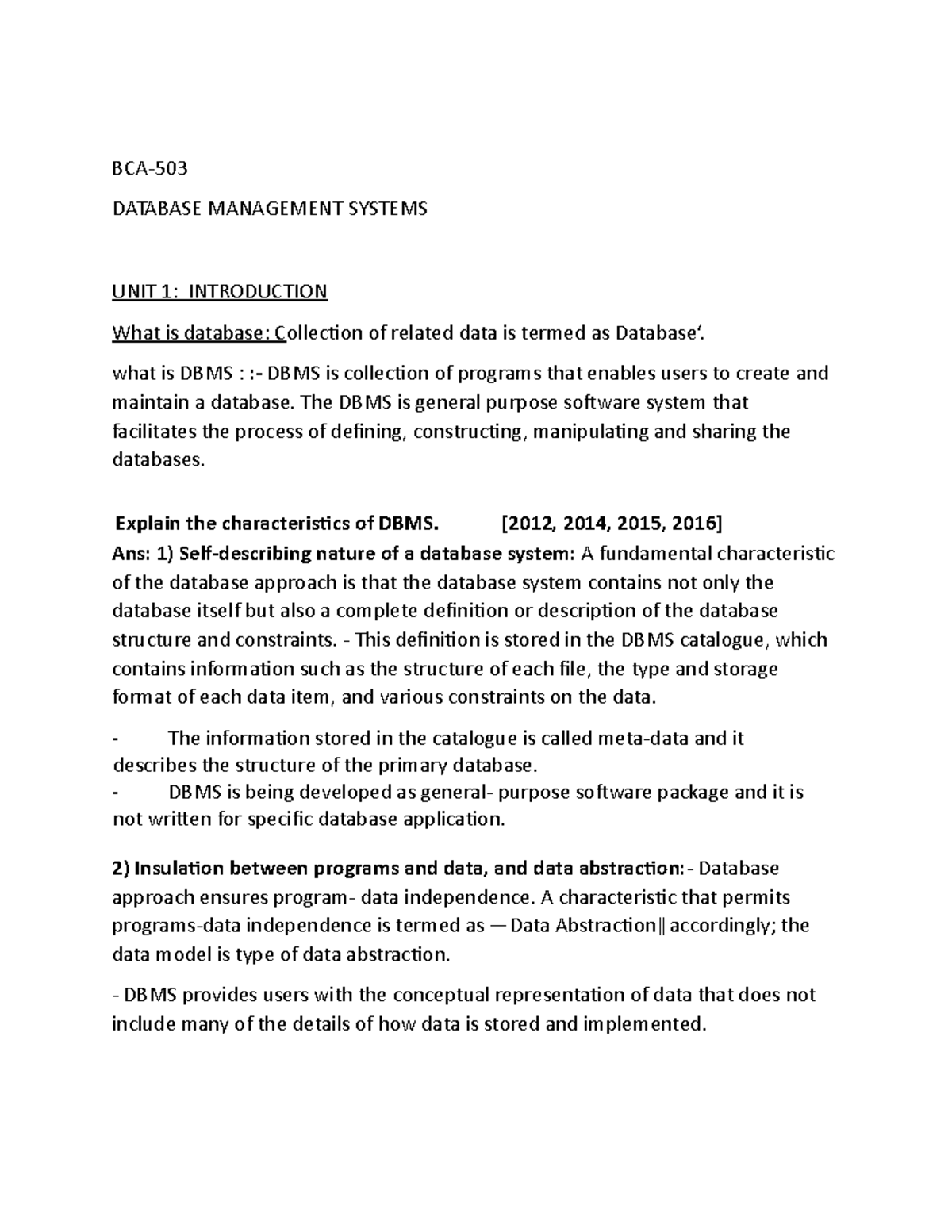 BCA-1 - Cuhib - BCA- DATABASE MANAGEMENT SYSTEMS UNIT 1: INTRODUCTION ...
