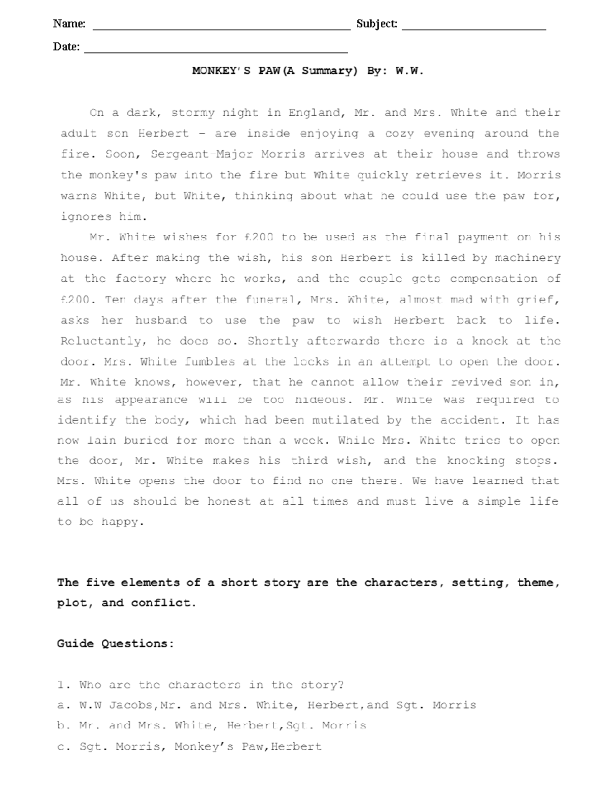 Grade 7 Short story activity - Name: Subject: Date: PAW (A Summary) : W ...