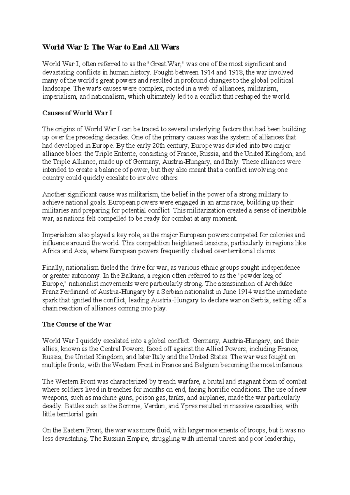 World War I - History essay - World War I: The War to End All Wars ...