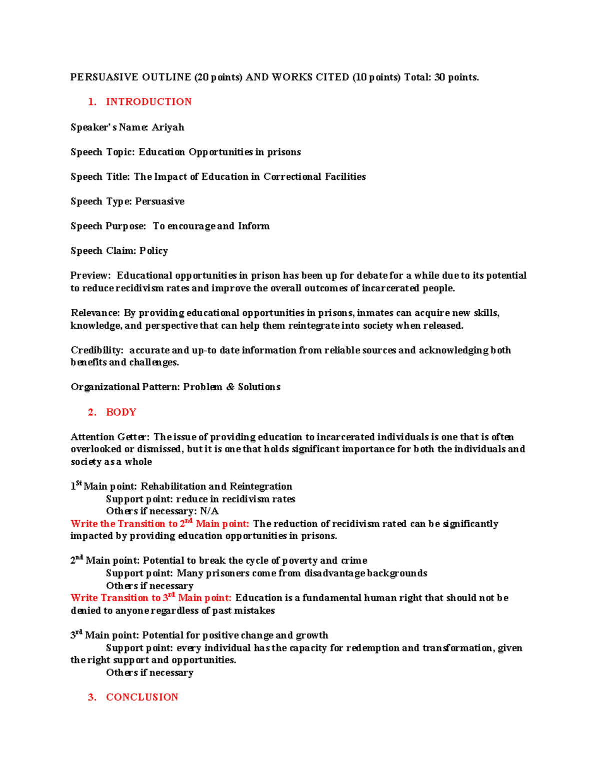 Persuasive Speech Outline and Works Cited - PERSUASIVE OUTLINE (20 ...