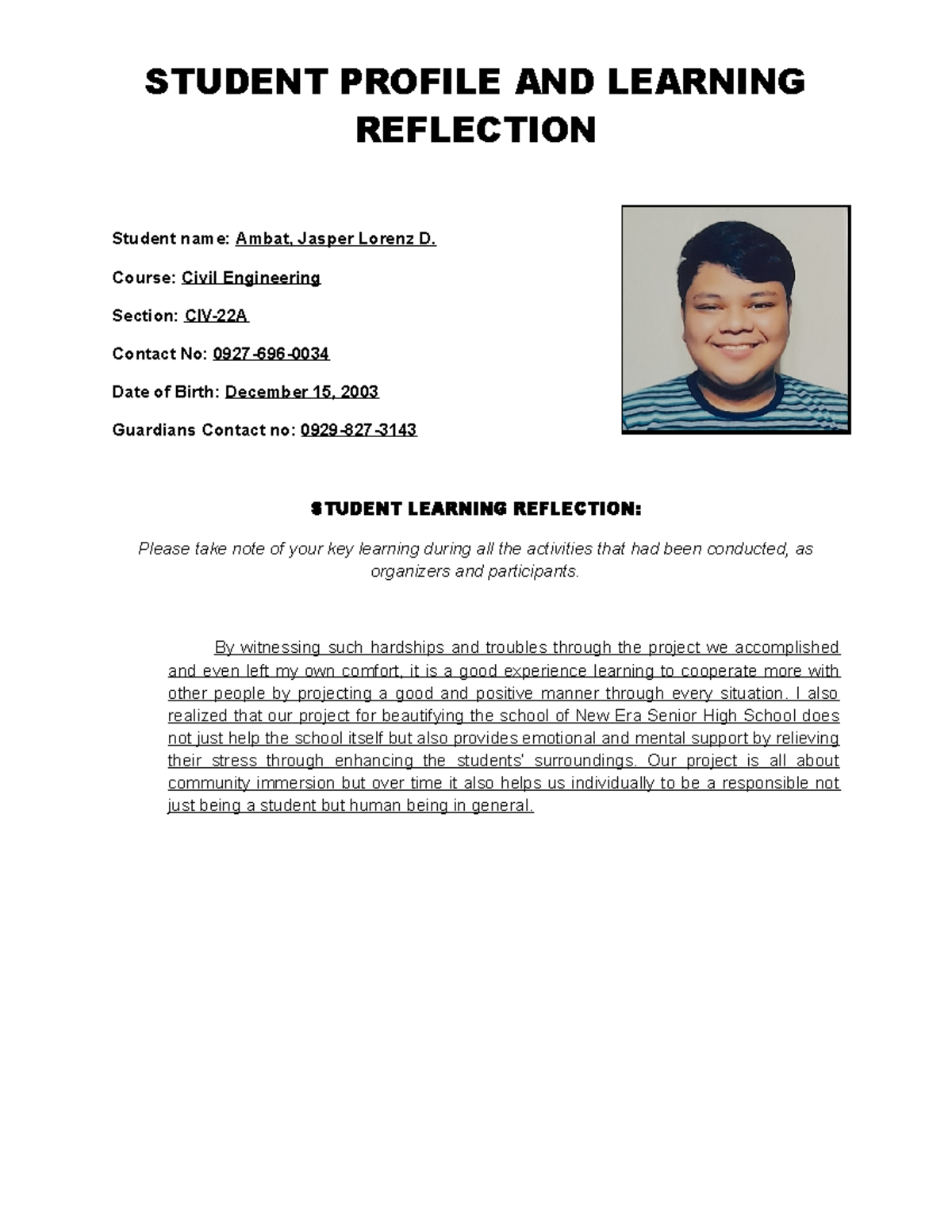 NSTP2 Student Profile and Learning Reflection - STUDENT PROFILE AND ...