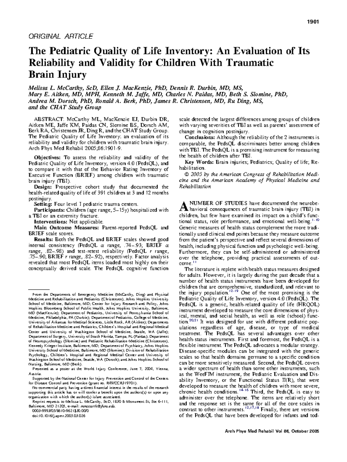 The Pediatric Quality of Life Inventory - ORIGINAL ARTICLE The ...