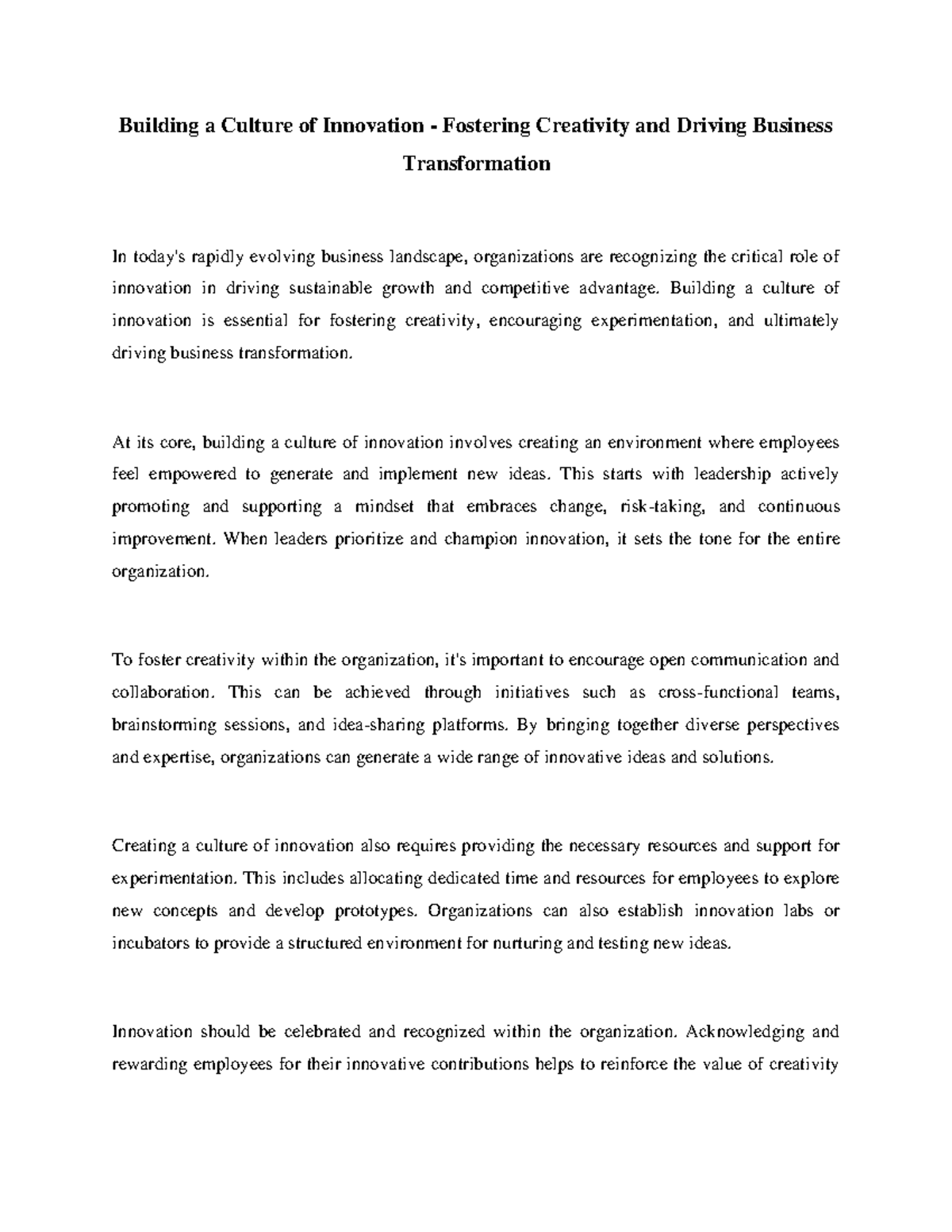 Building a Culture of Innovation - Fostering Creativity and Driving ...